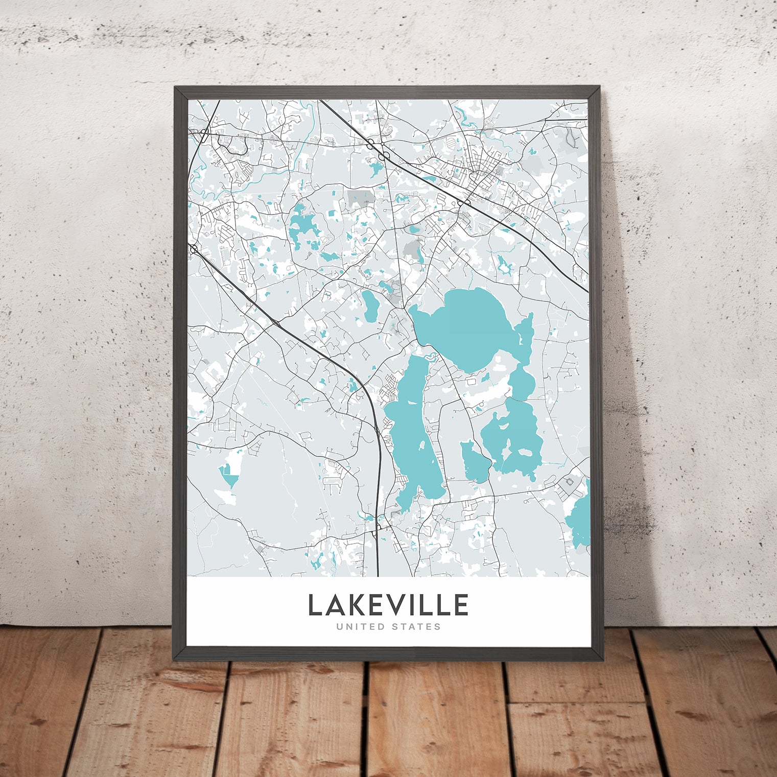 Modern City Map of Lakeville, MA: Lakeville Town Center, Lake Assawomp – The Unique Maps Co.