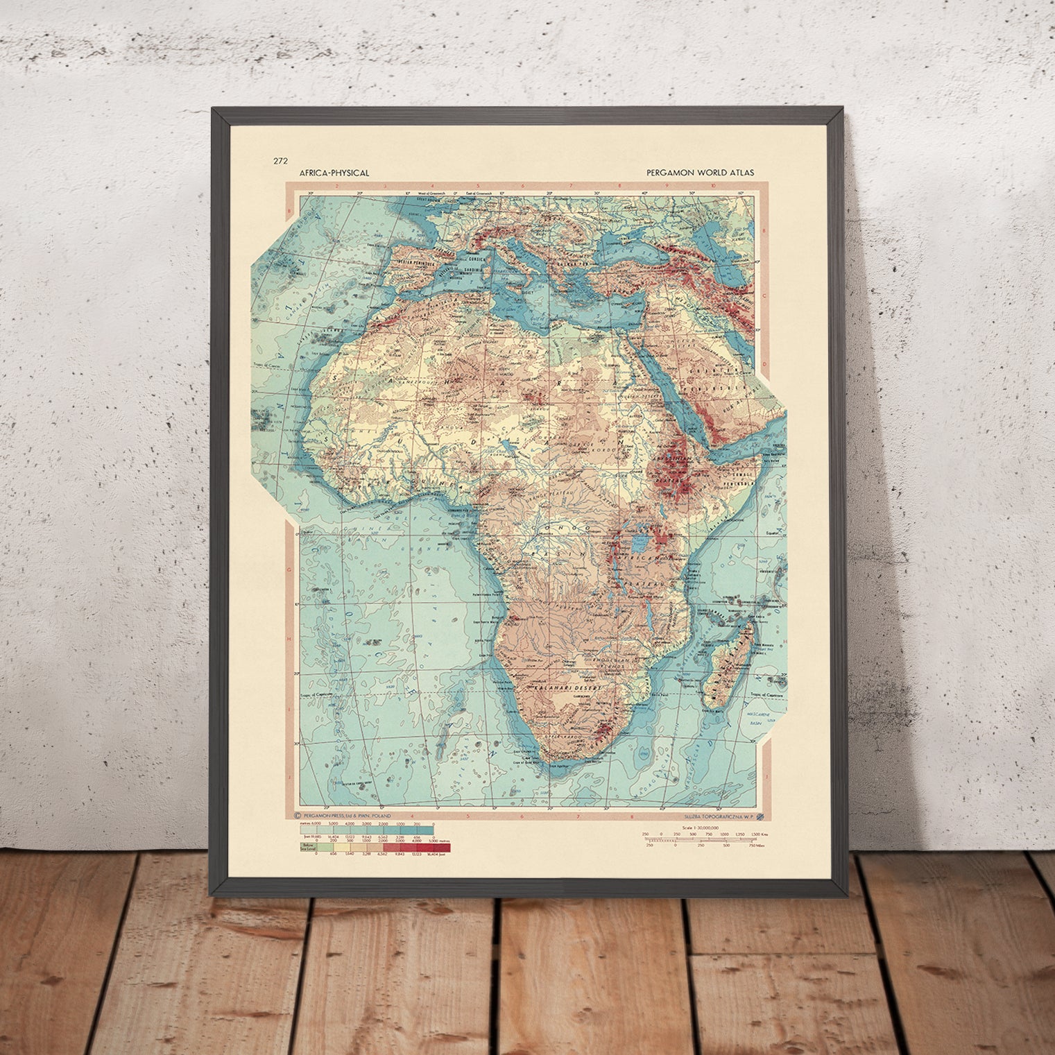 Old Physical Map of Africa, 1967: Mountains, Plains, Lakes, Snapshot o ...