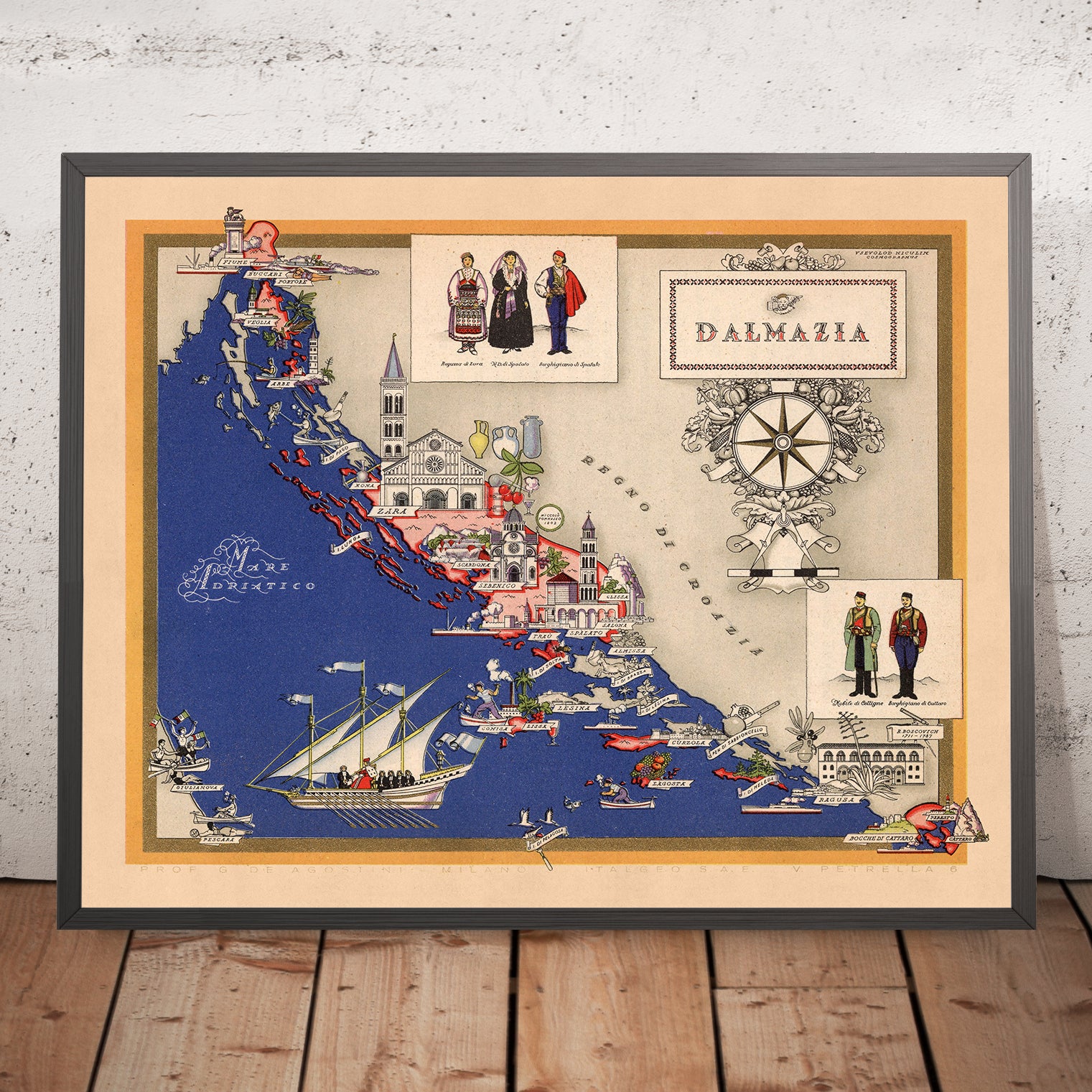 Old Map of Dalmatia, Croatia by De Agostini, 1938: Kingdom of Italy, S ...