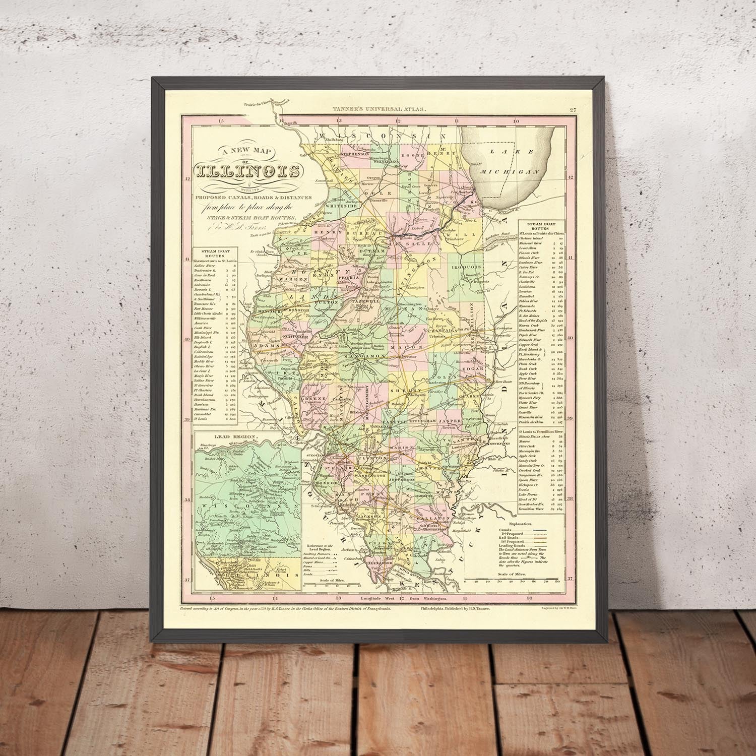 Old Map of Illinois by H. S. Tanner, 1836: Chicago, Aurora, Rockford ...