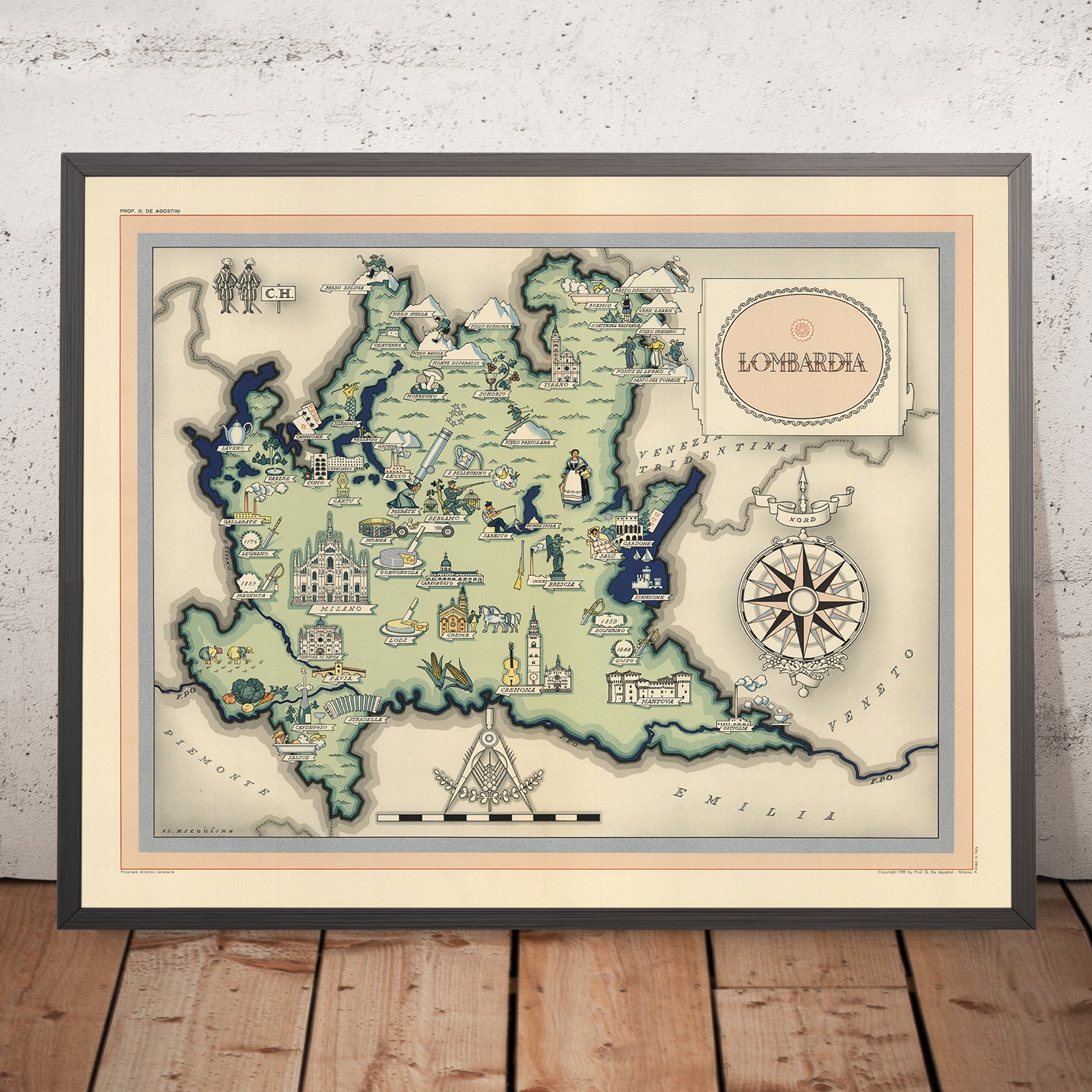 Old Map of Lombardy by De Agostini, 1938: Milan, Bergamo, Brescia, Lak ...