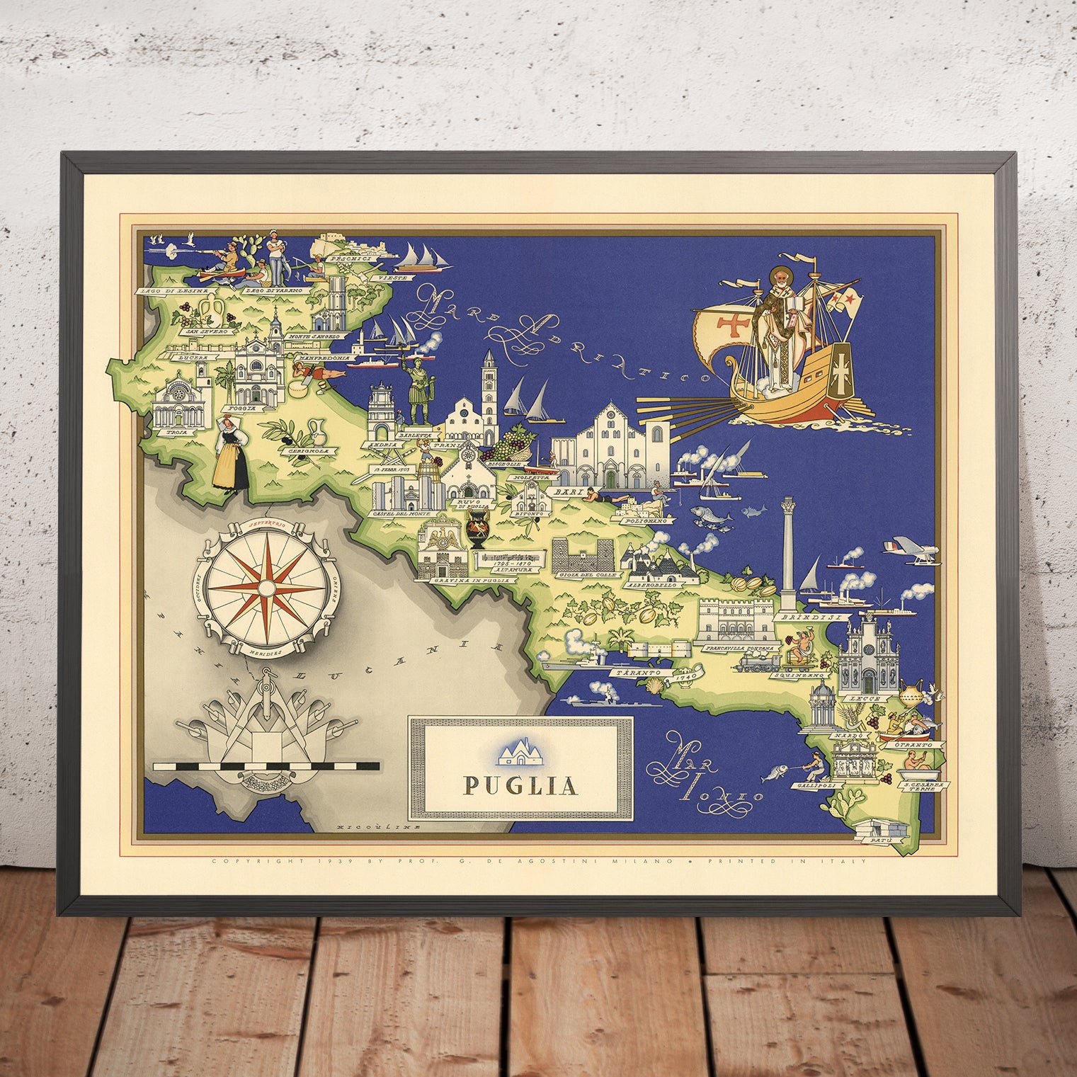 Old Pictorial Map of Apulia by De Agostini, 1938: Bari, Brindisi, Fogg ...