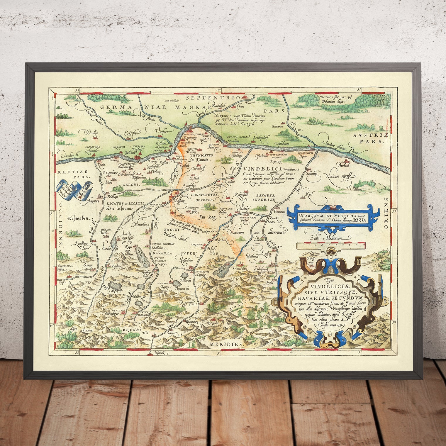 Old Map of Bavaria by Ortelius, 1570: Munich, Augsburg, Danube River ...