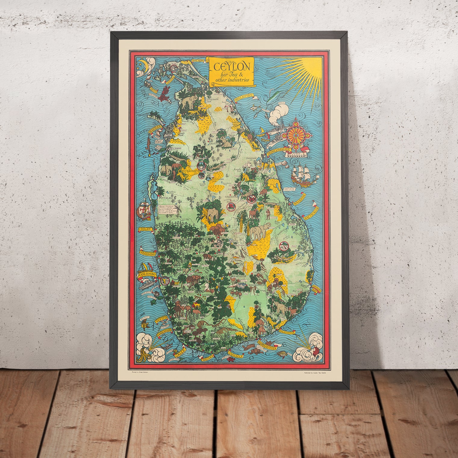 Old Pictorial Map of Ceylon (Sri Lanka) by Gill, 1933: Elephants, Tea ...