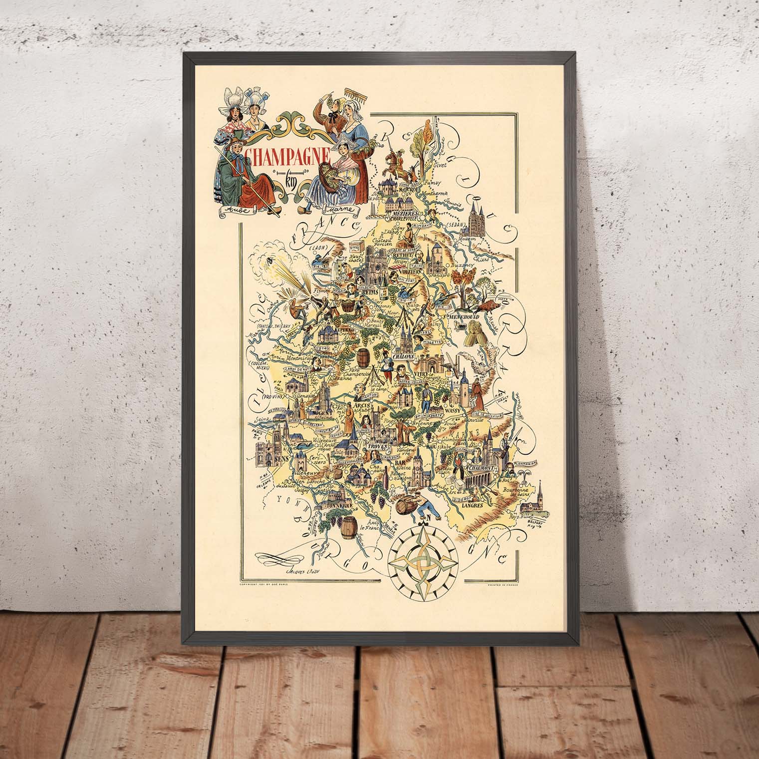 Old Pictorial Map of Champagne by Liozu, 1951: Reims, Troyes, Marne Ri ...
