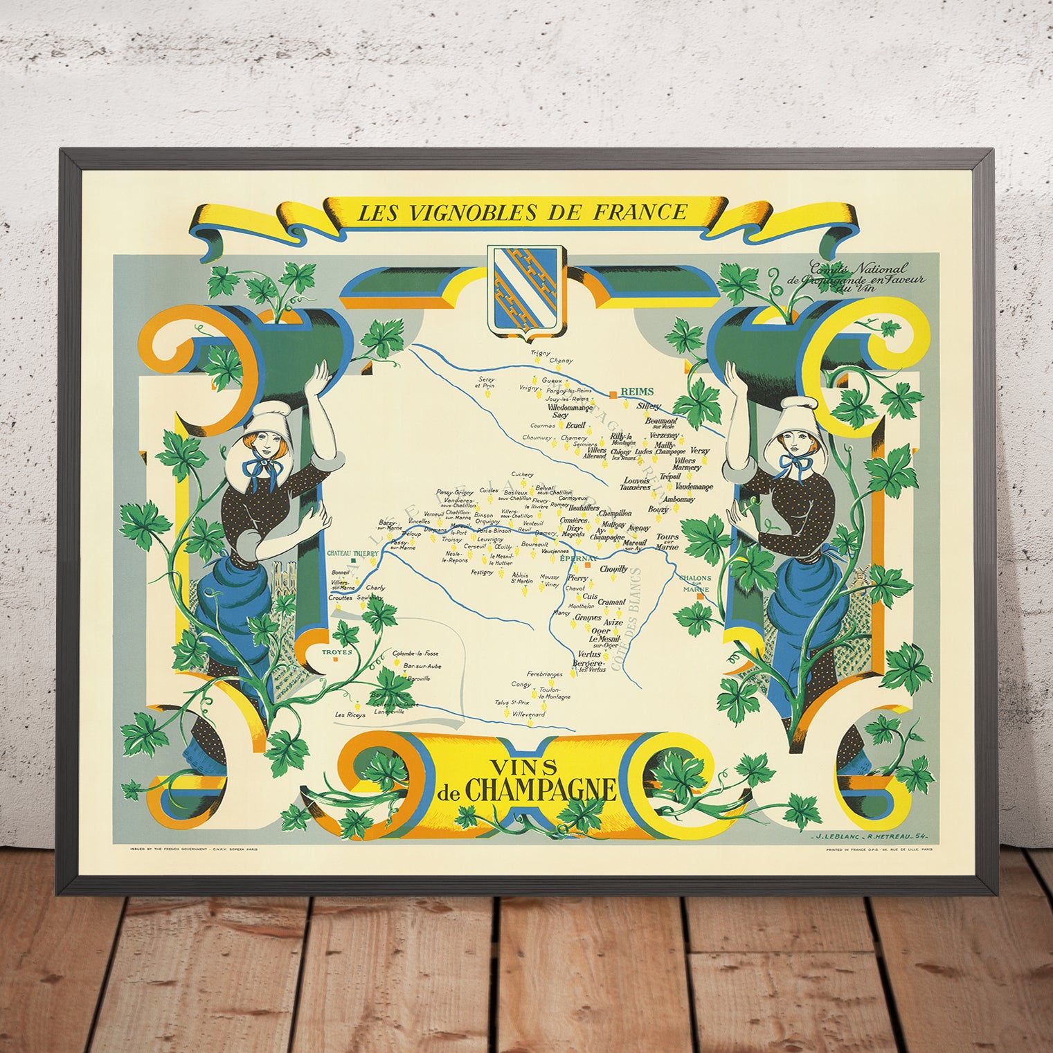 Old Wine Map of Champagne Region by Hetreau, 1954: Reims, Troyes, Eper ...