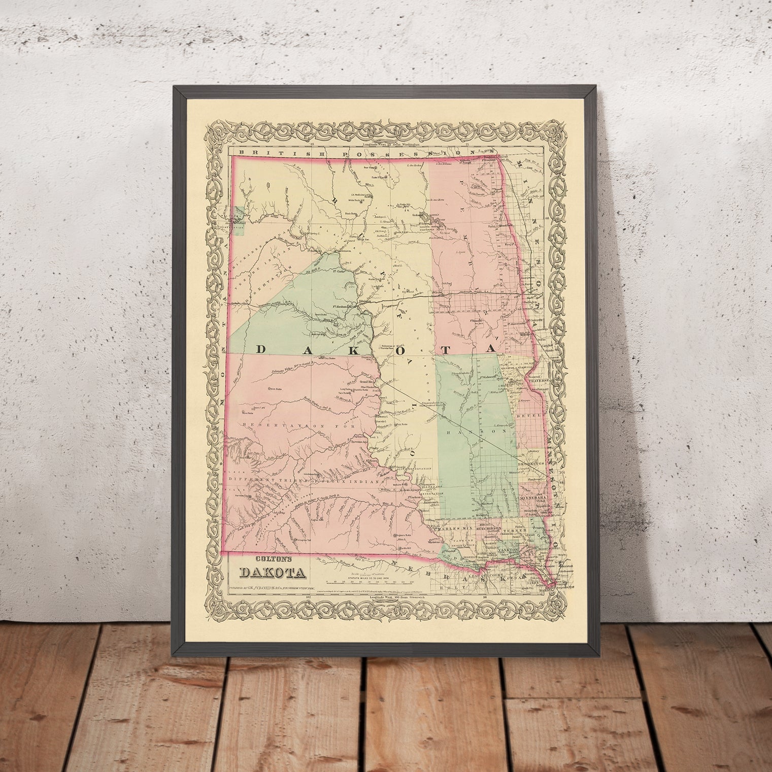 Old Map of North and South Dakota by J.H. Colton, 1873: Sioux Falls, Y ...