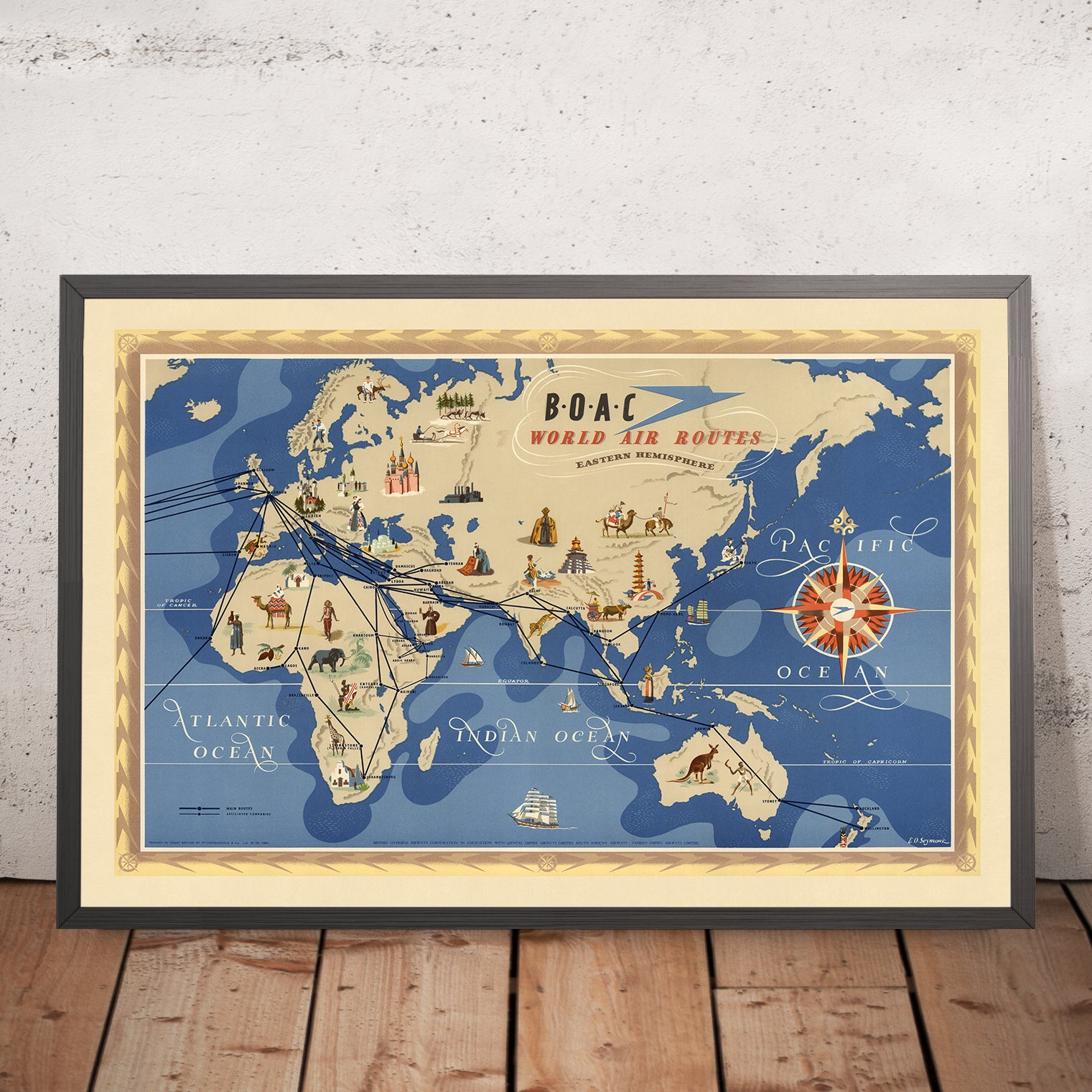 Old Pictorial Map of Eastern Hemisphere Air Routes by BOAC, 1949: Mid ...