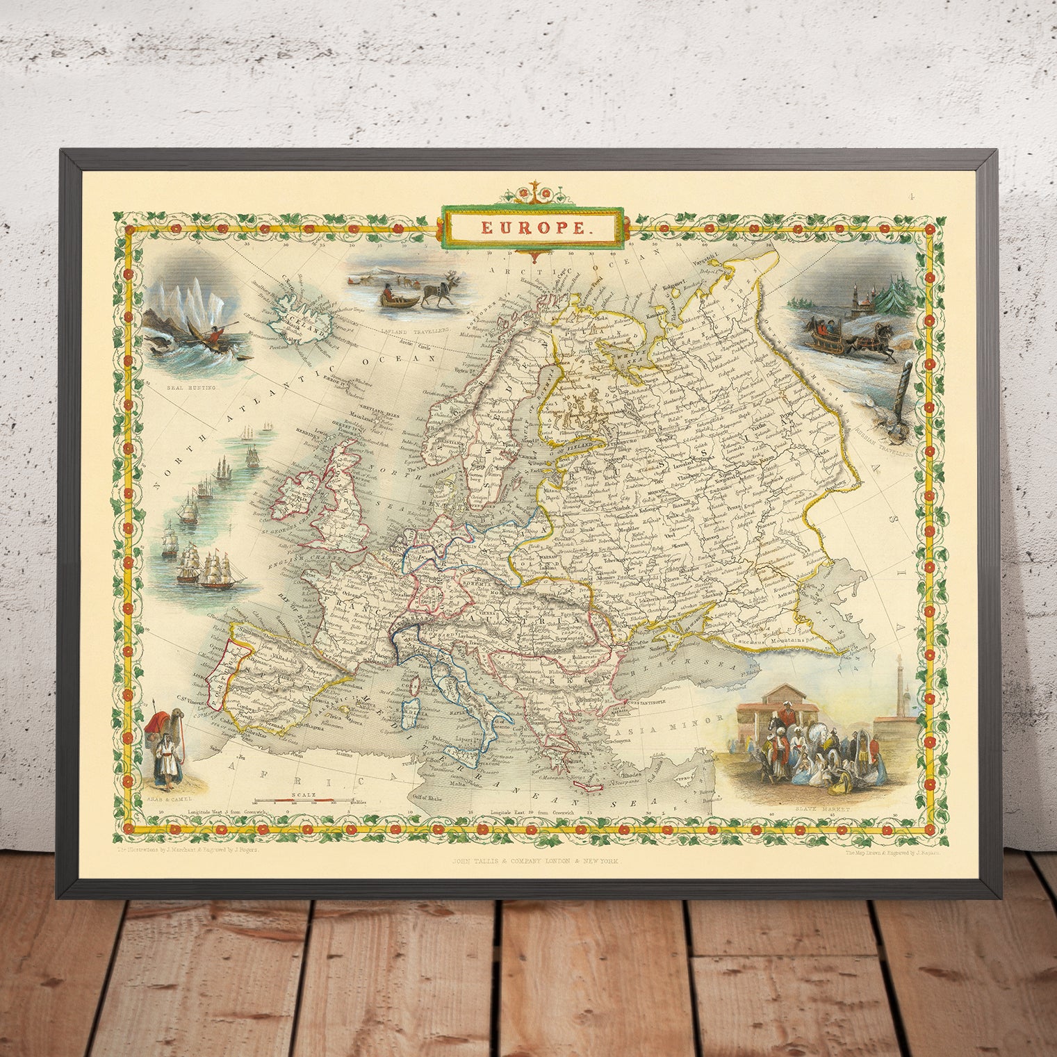 Old Map of Europe by John Tallis, 1851: Seal Hunting, Camels, Slave Ma ...