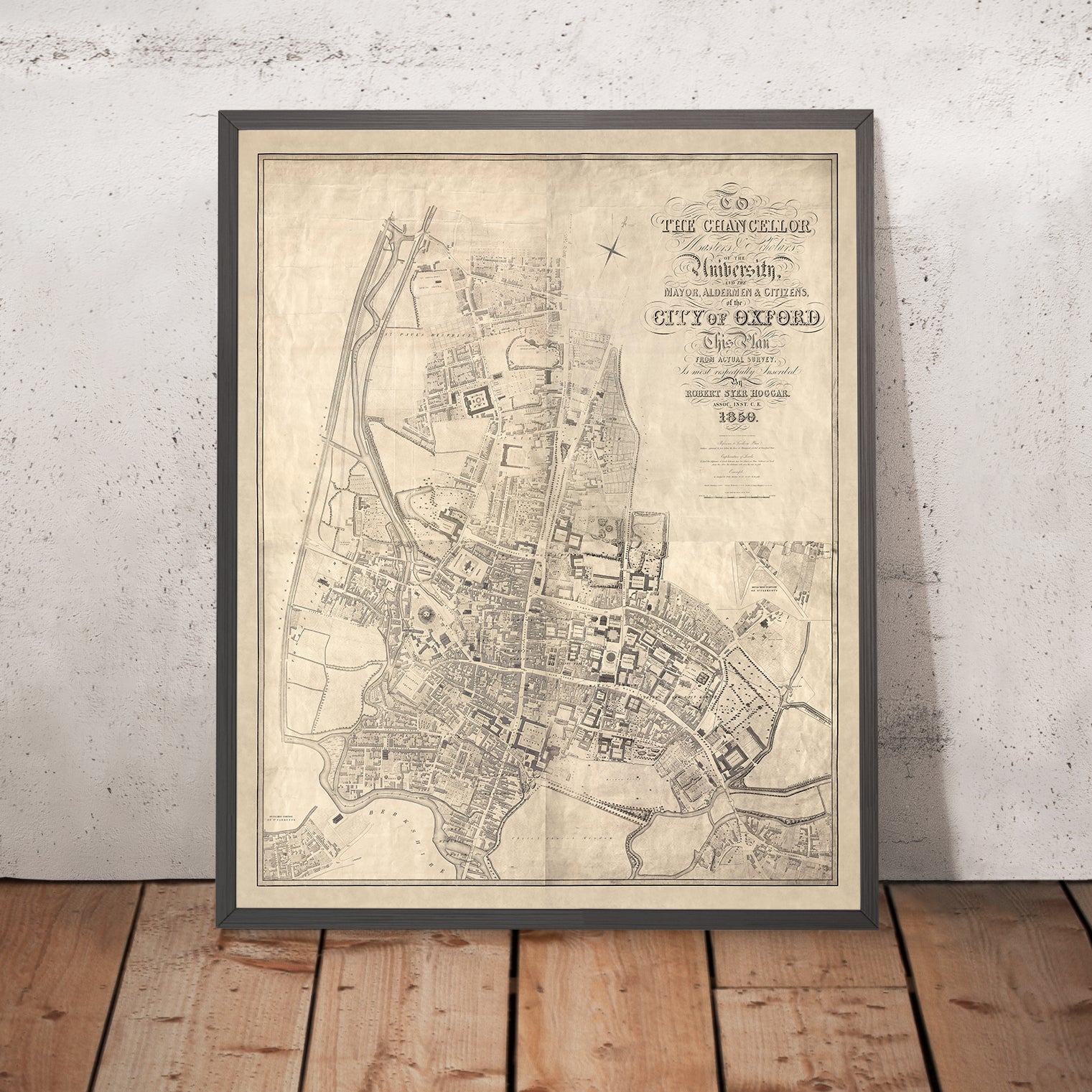 Large Old Map of Oxford by Hoggar, 1850: Colleges, St. Giles', High St ...