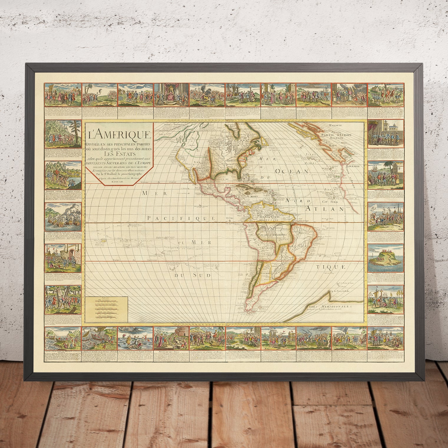 Large Old French Map of the Americas by Bailleul, 1752: Illustrated Ex ...