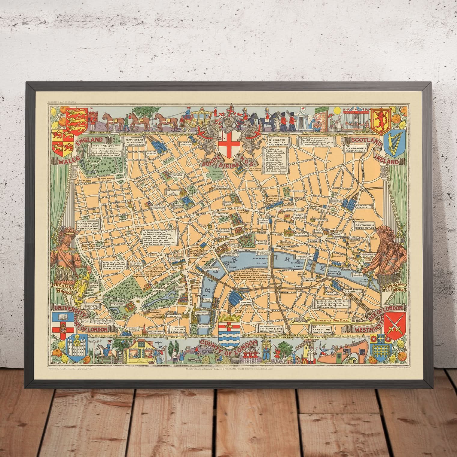 Old Historical Map of London by Bullock, 1938: Tower of London, St. Pa ...