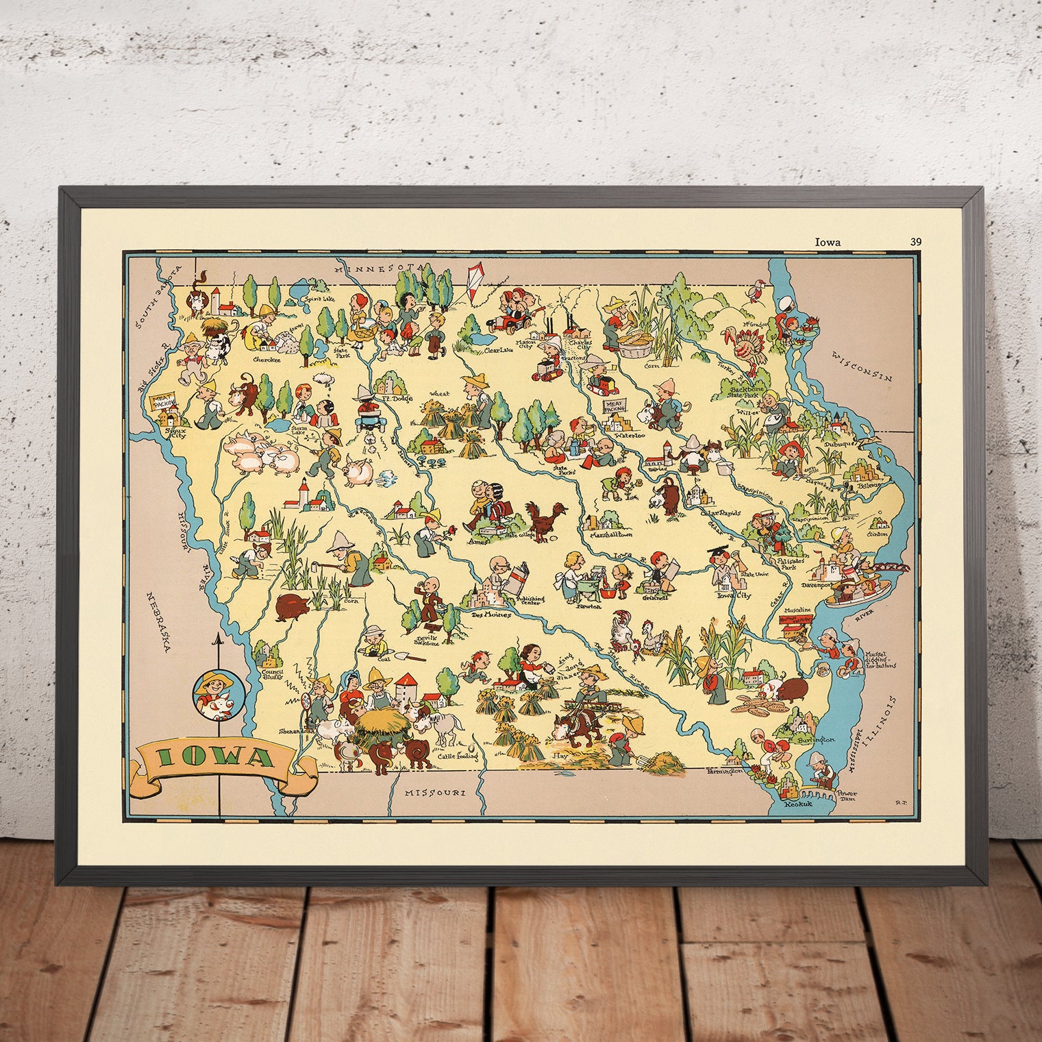Pictorial Map of Iowa by Ruth Taylor White, 1935: Des Moines, Cedar Ra ...