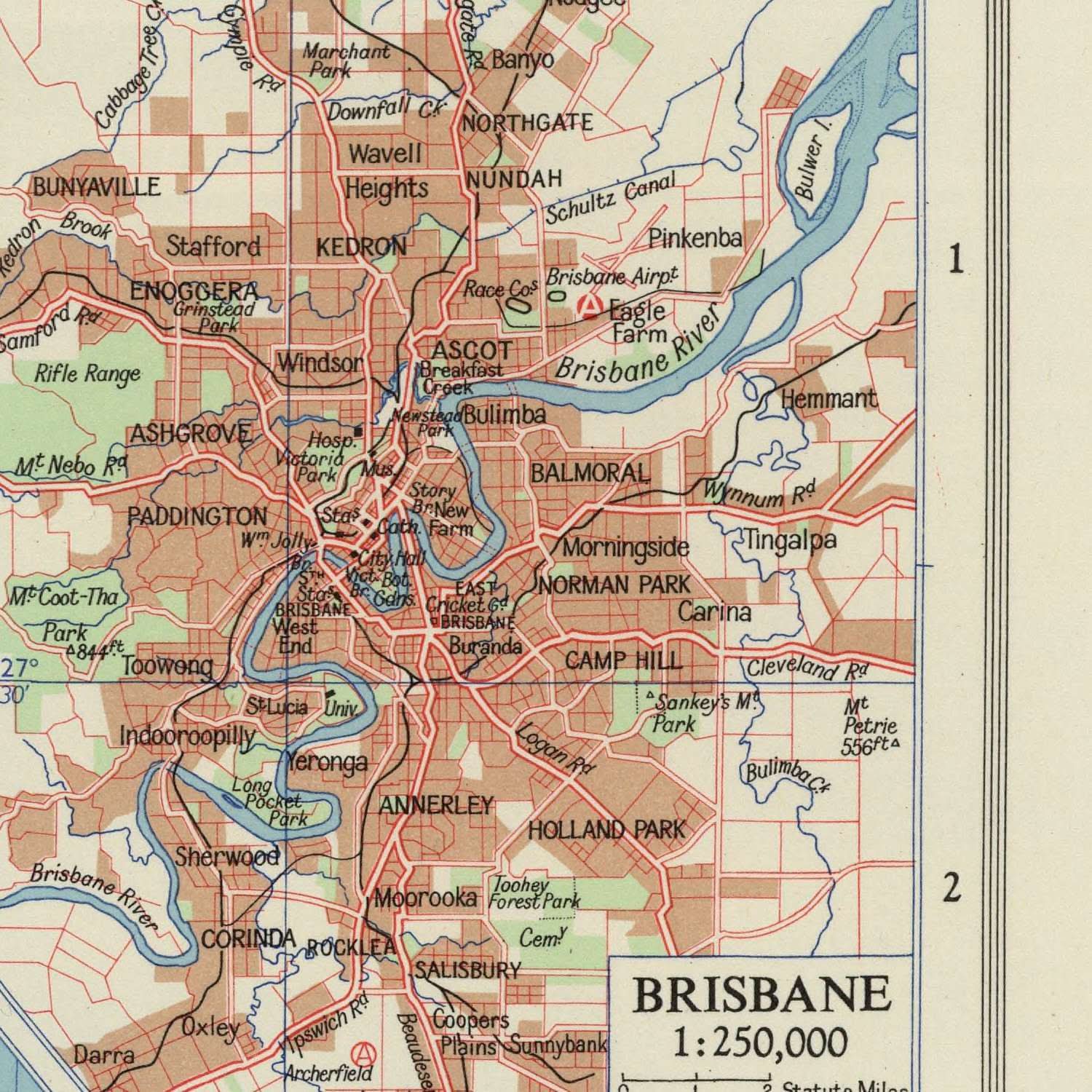 Ancienne carte du Queensland par Bartholomew, 1958 : Brisbane, Grande ...