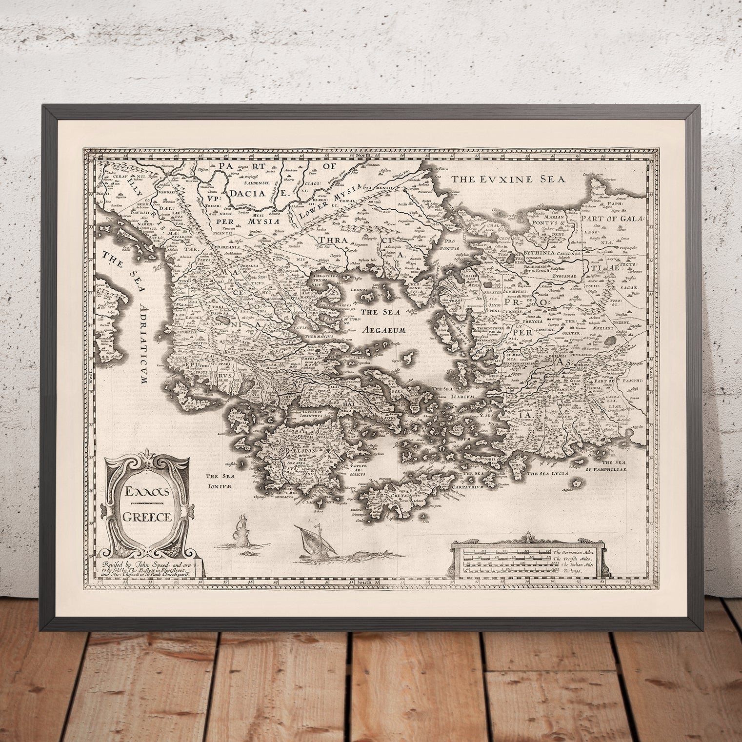 Old Map of Greece by Speed, 1676: Athens, Corinth, Aegean Sea, Ships ...