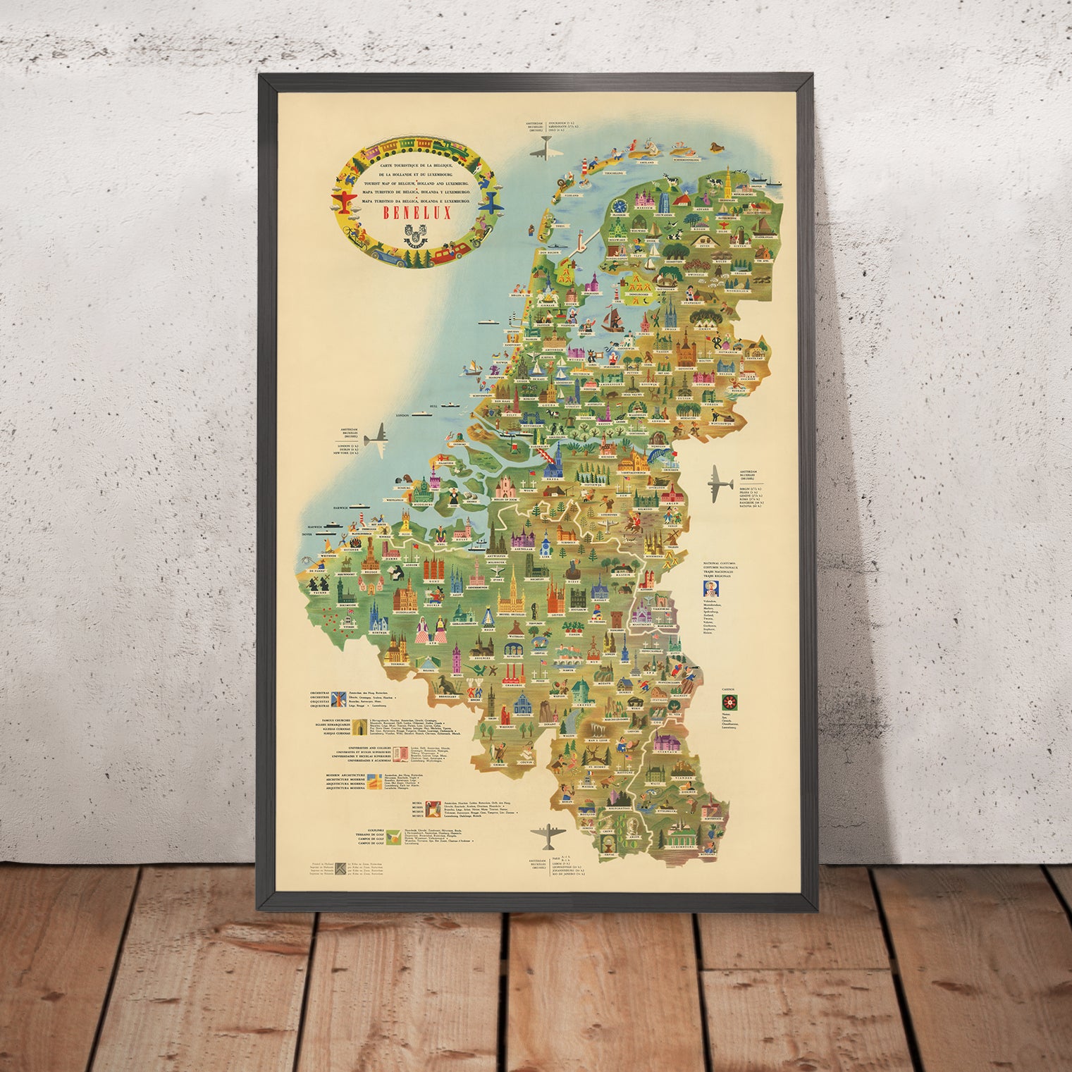 Old Pictorial Tourist Map of Benelux, 1950: Post-WW2 Optimism, Brussel ...