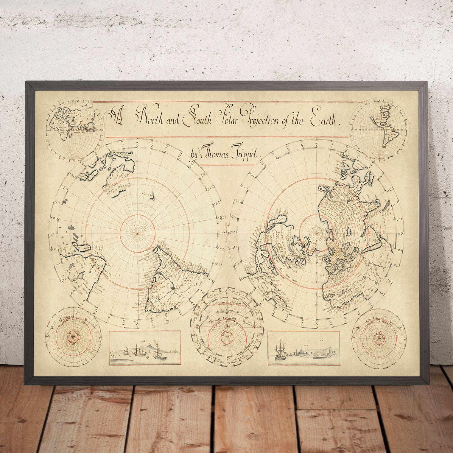 Old Manuscript World Map by Trippit, 1665: Twin Polar Projections, Cal ...