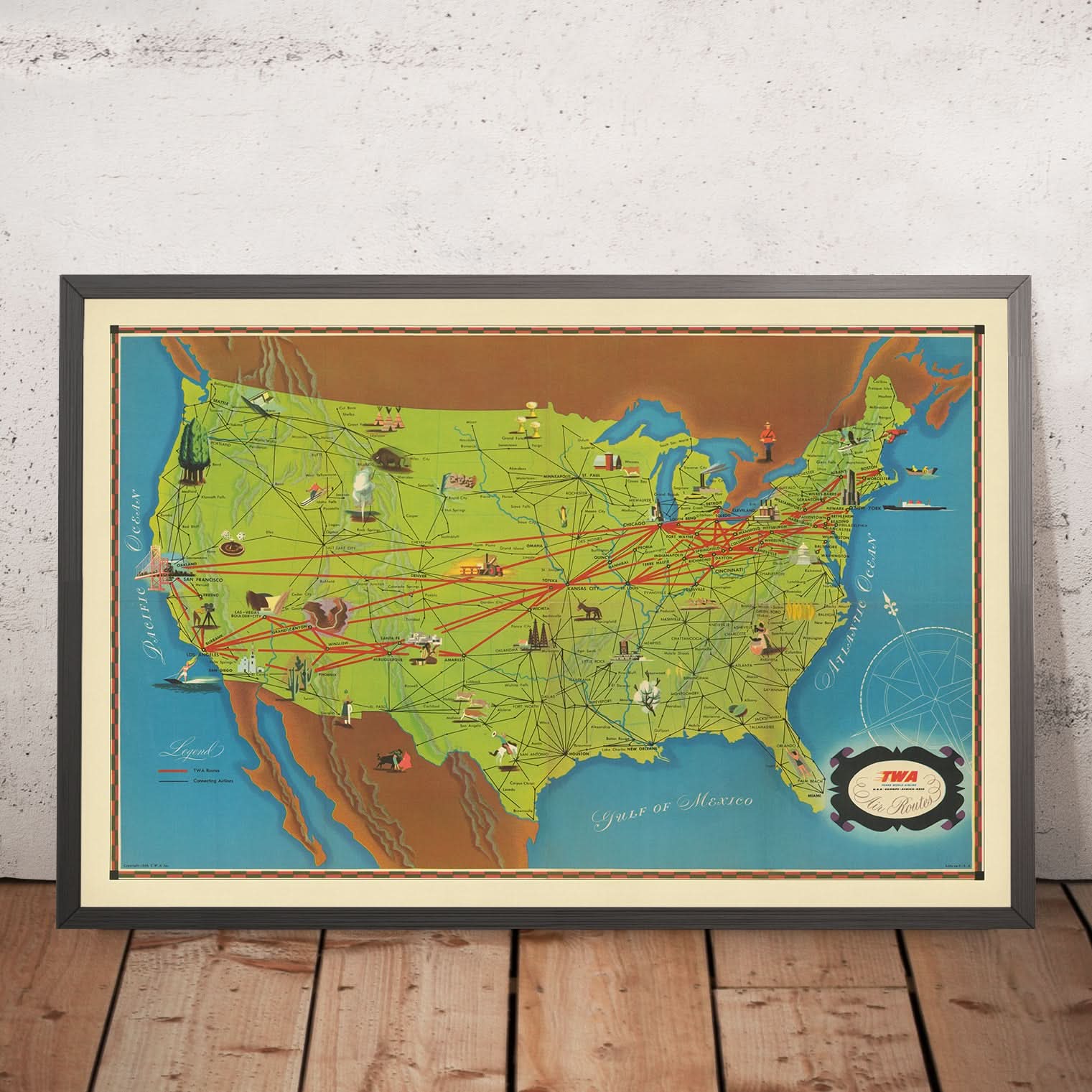 Old TWA Airline Map of United States, 1948: NYC, LA, Chicago, TWA Rout ...