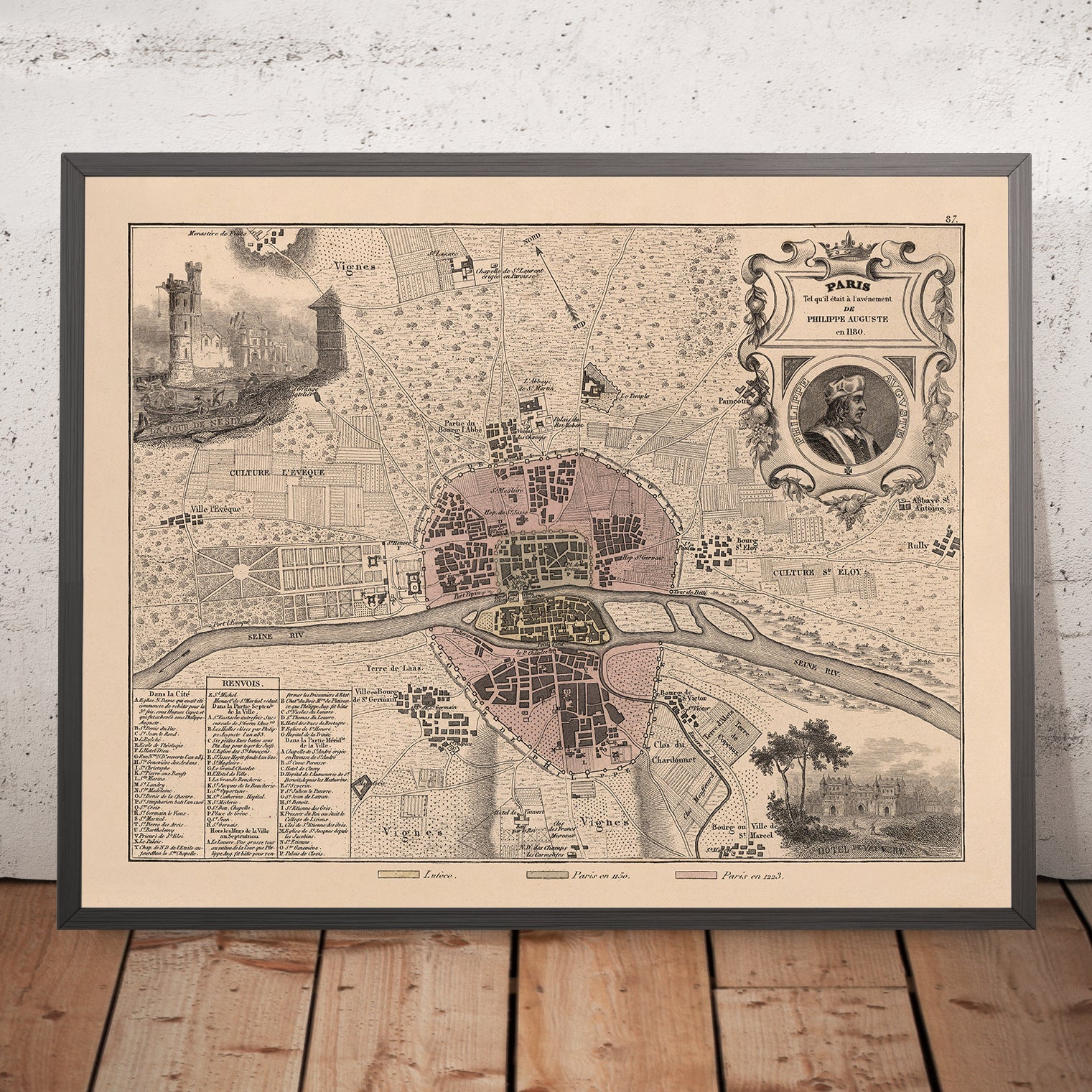 Old Map of Medieval Paris by Vuillemin, 1869: Notre-Dame, Île de la Ci ...