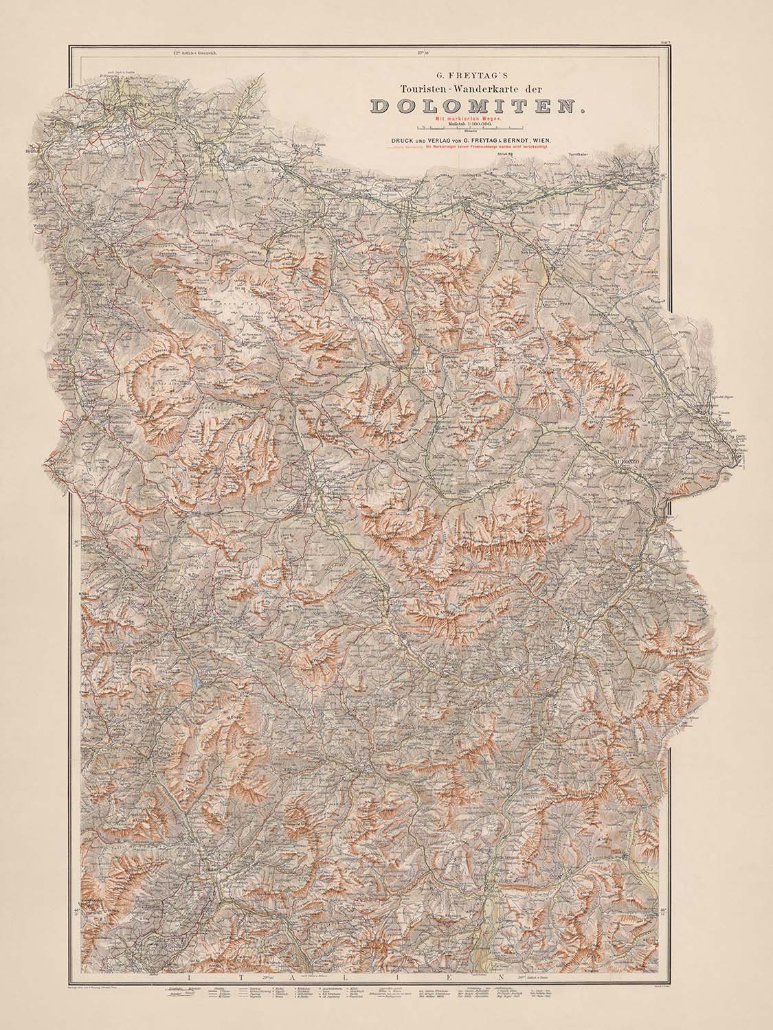 Old Topographic Map of Dolomites Hiking Trails by Freytag, 1920: Corti ...