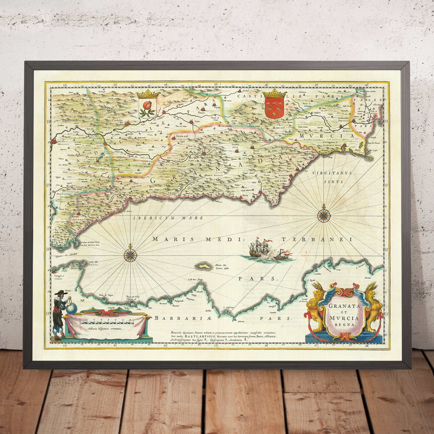 Old Map of Southern Spain by Blaeu, 1640: Granada, Murcia, Malaga, Nav ...