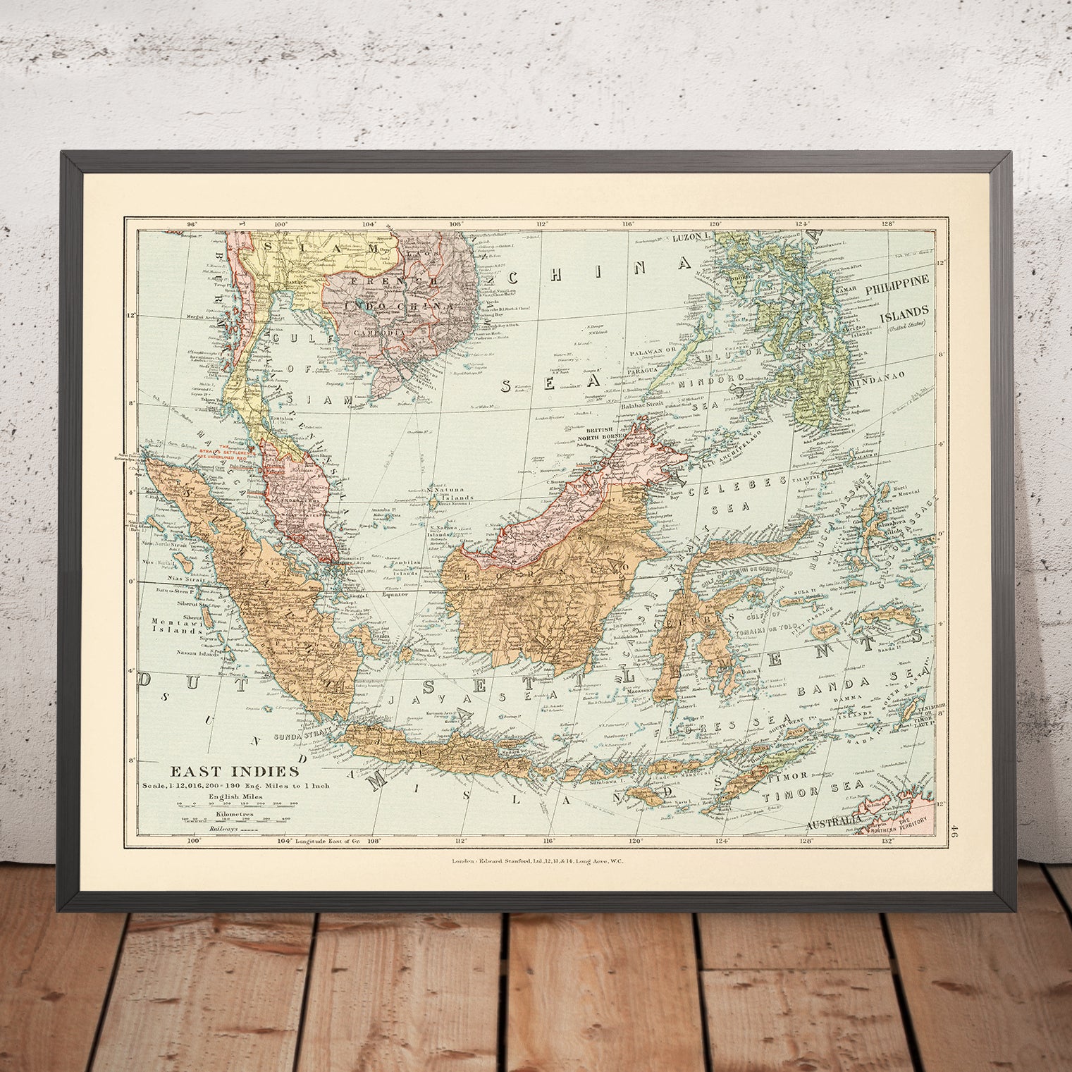 Old Map of the East Indies by Stanford, 1926: Indonesia, Malaysia, Phi ...
