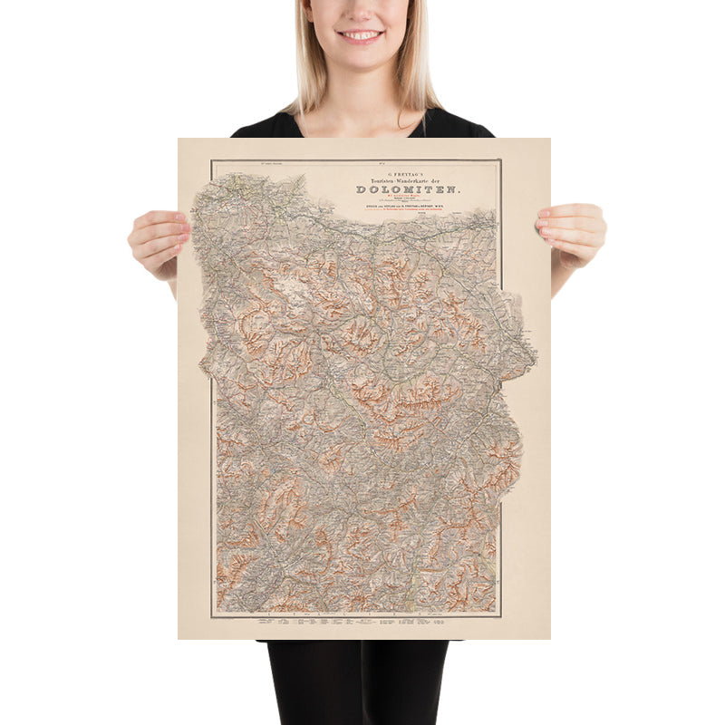 Old Topographic Map of Dolomites Hiking Trails by Freytag, 1920: Corti ...