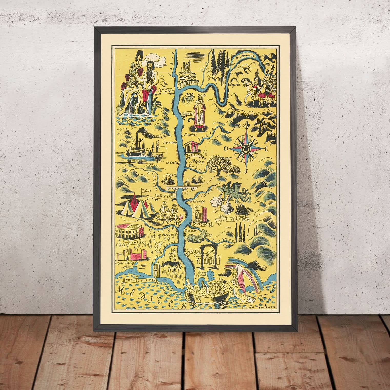 Antigua Mapa Pictórico del Río Ródano por Boucher, 1938: Lyon, Nimes ...