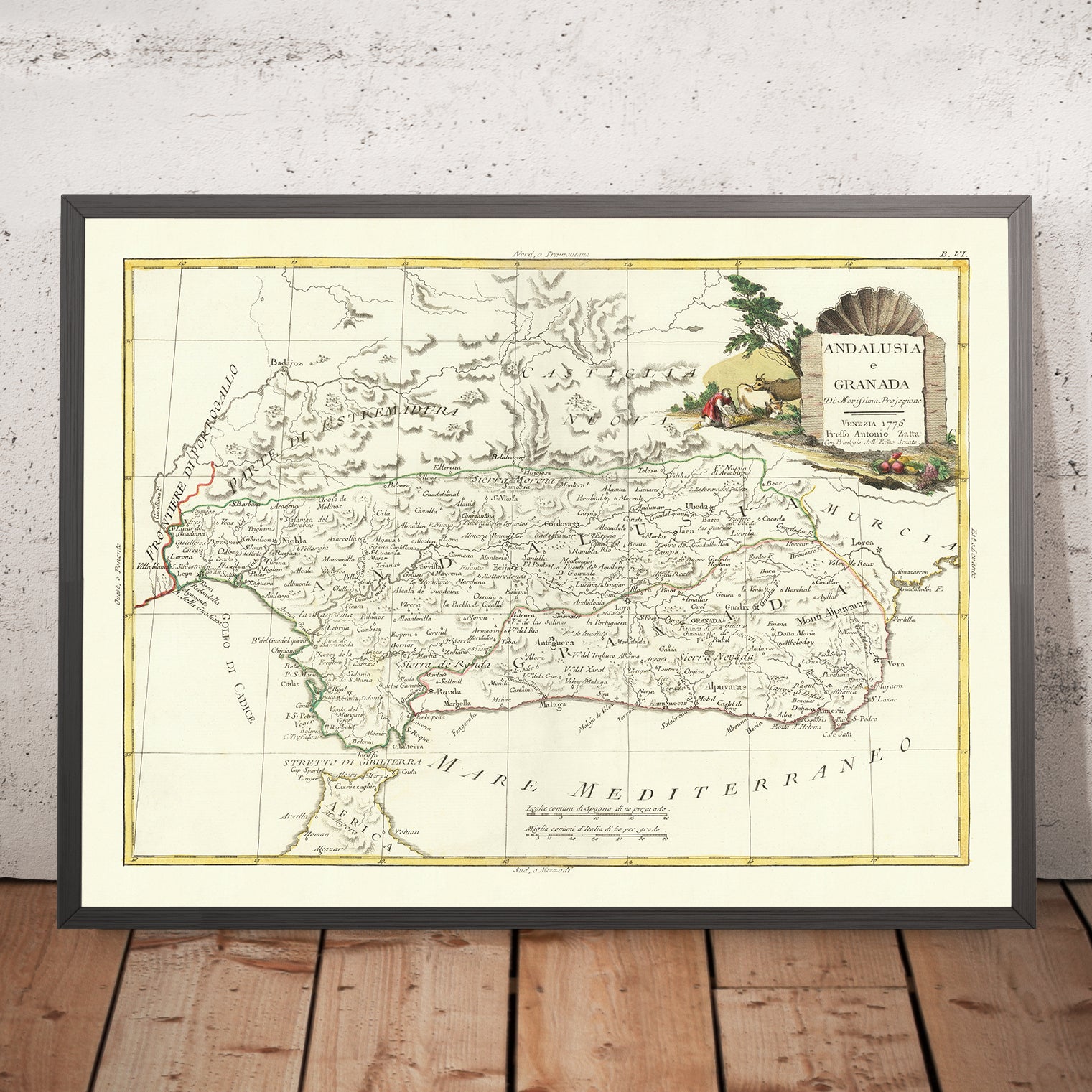 Old Map of Andalusia & Granada by Zatta, 1776: Seville, Malaga, Gibral ...