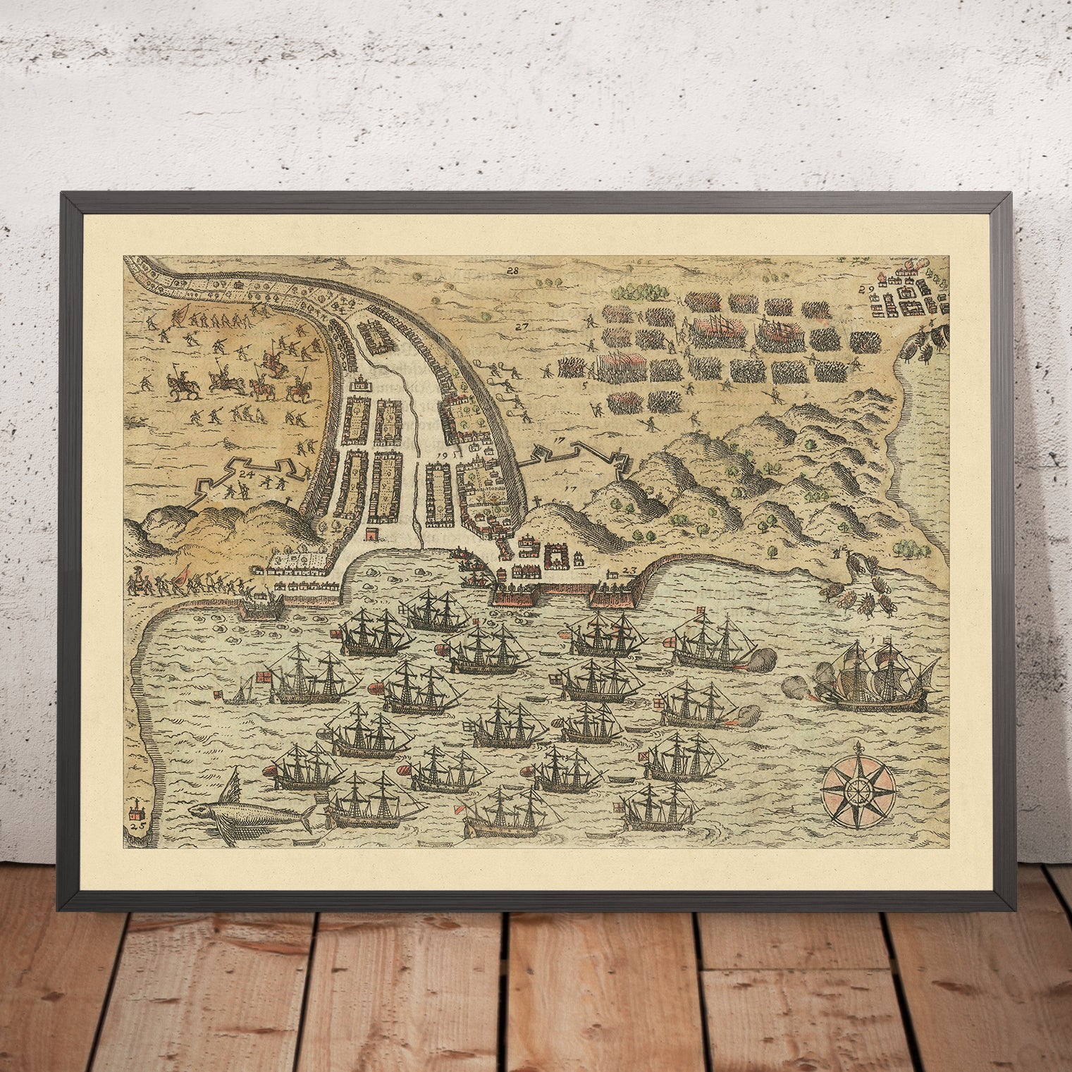 Sir Francis Drake's Attack on Santiago by De Bry, 1599: Battle Map, Fl ...