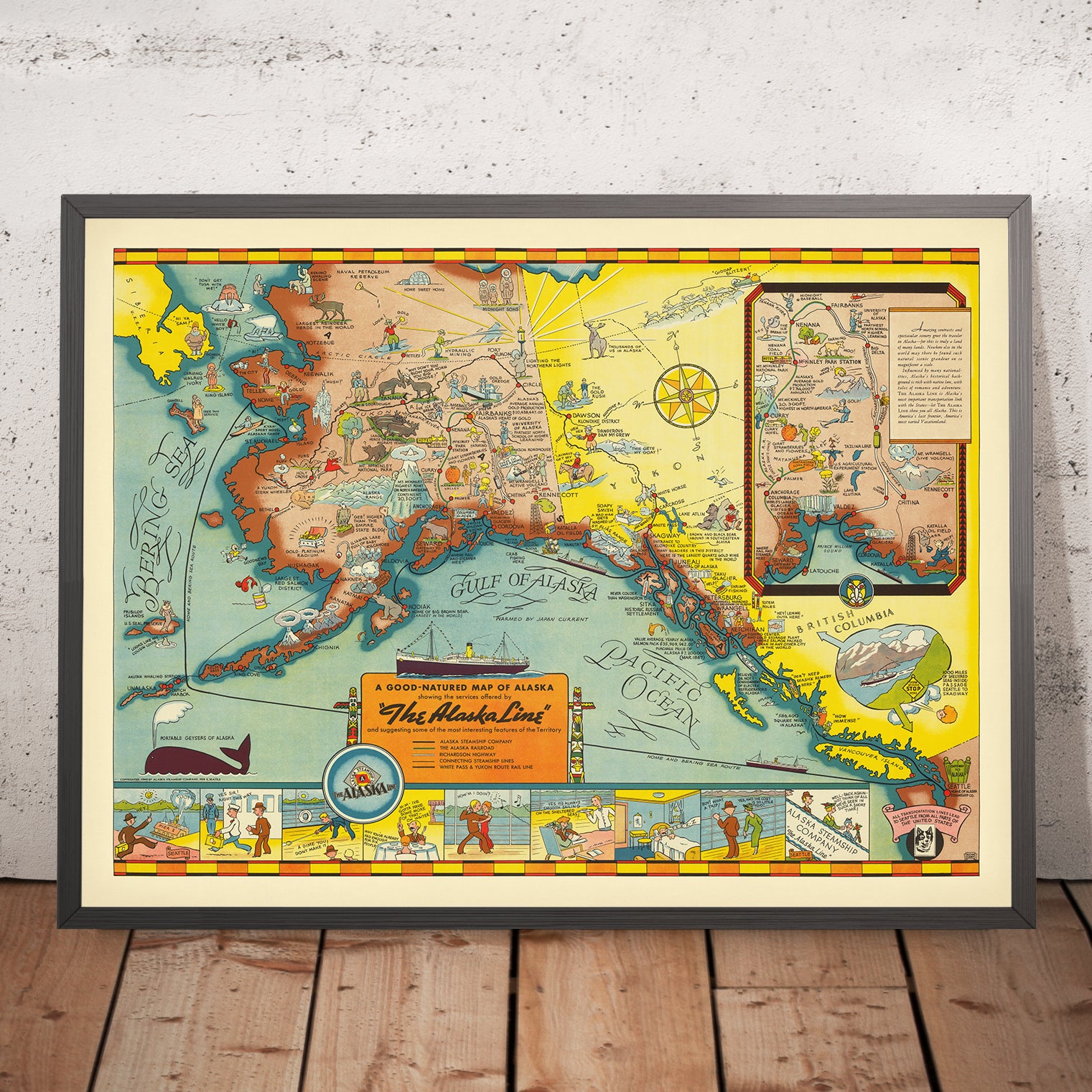 Old Pictorial Map of Alaska by Camy, 1940: Anchorage, Fairbanks, Railw ...