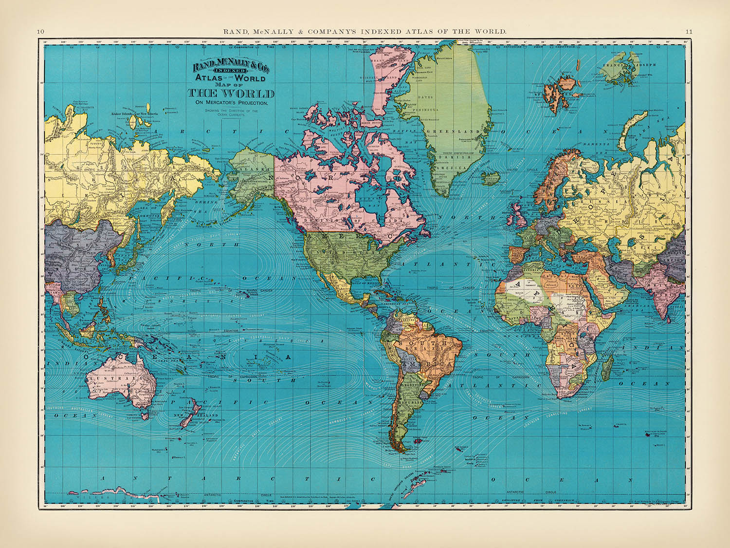 Old Atlas Map of the World, 1897: Mercator Projection, Time Zones, Col ...