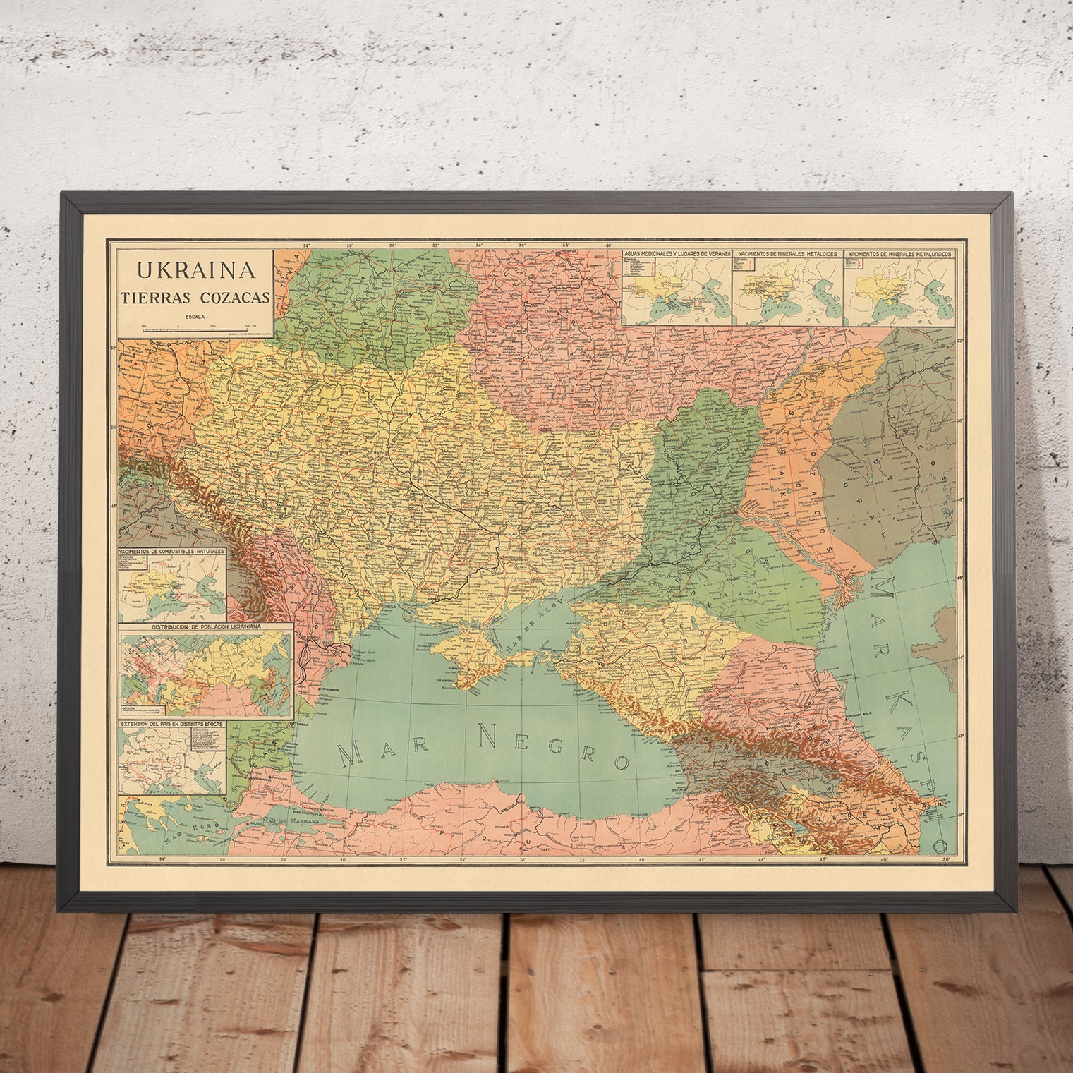 Old Map of Ukraine "Land of the Cossacks", 1943: Kyiv, Black Sea, Carp ...