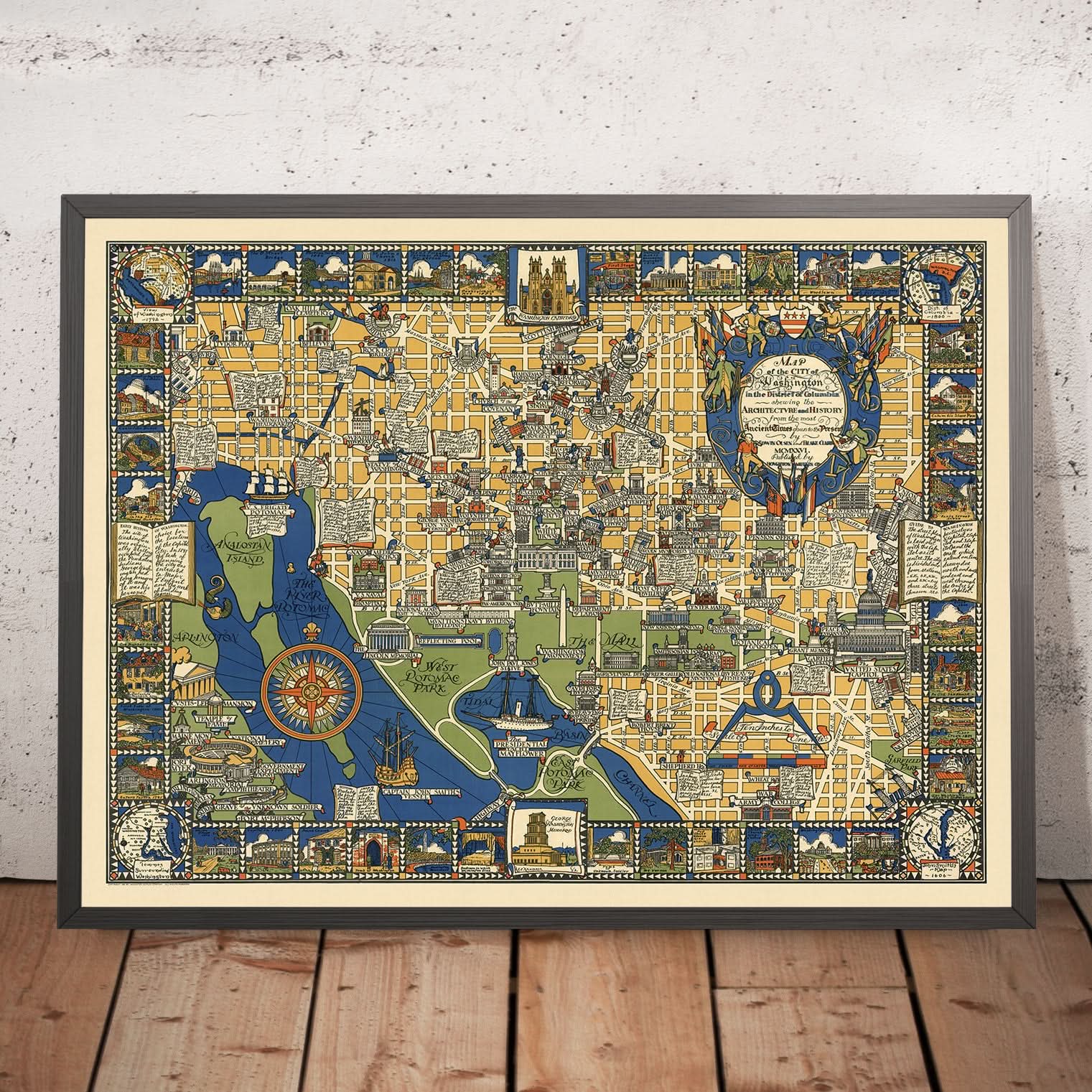 Old Pictorial Map of Washington D.C. by Olsen, 1926: White House, Capi ...