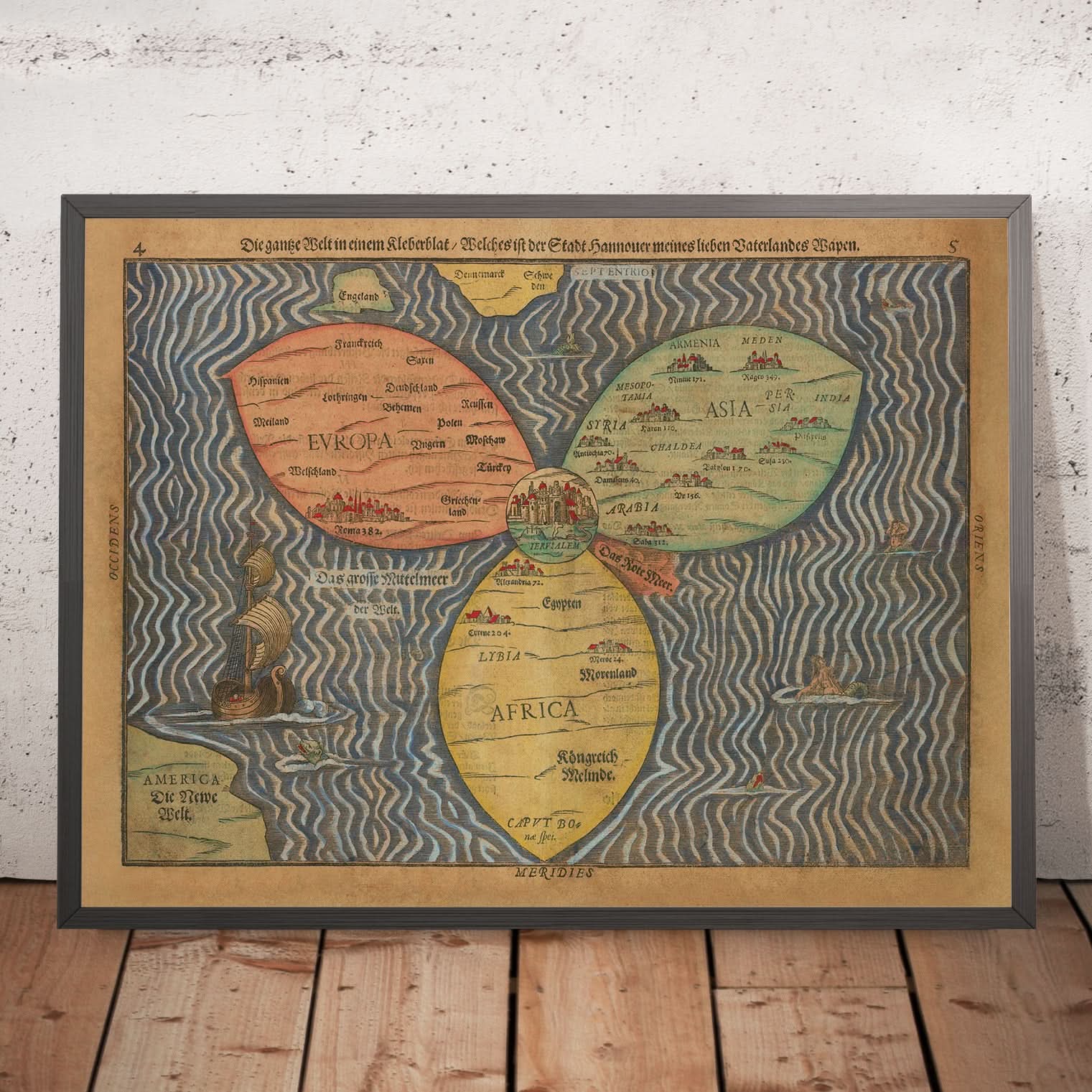 Old Cloverleaf World Map with Jerusalem in the Middle by Bunting, 1582 ...