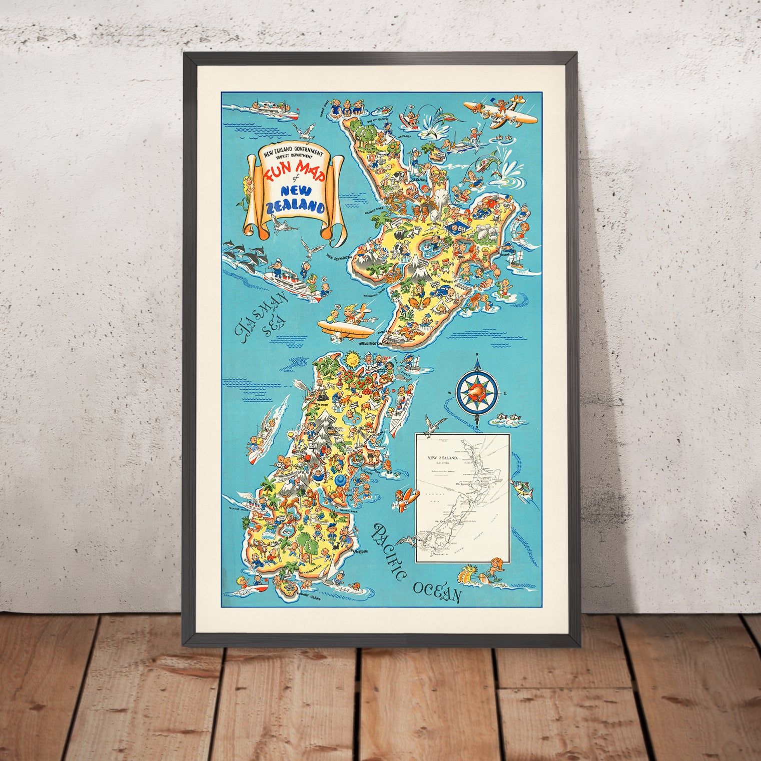 New Zealand Travel Poster: Fun Map by NZ Government Tourist Department ...