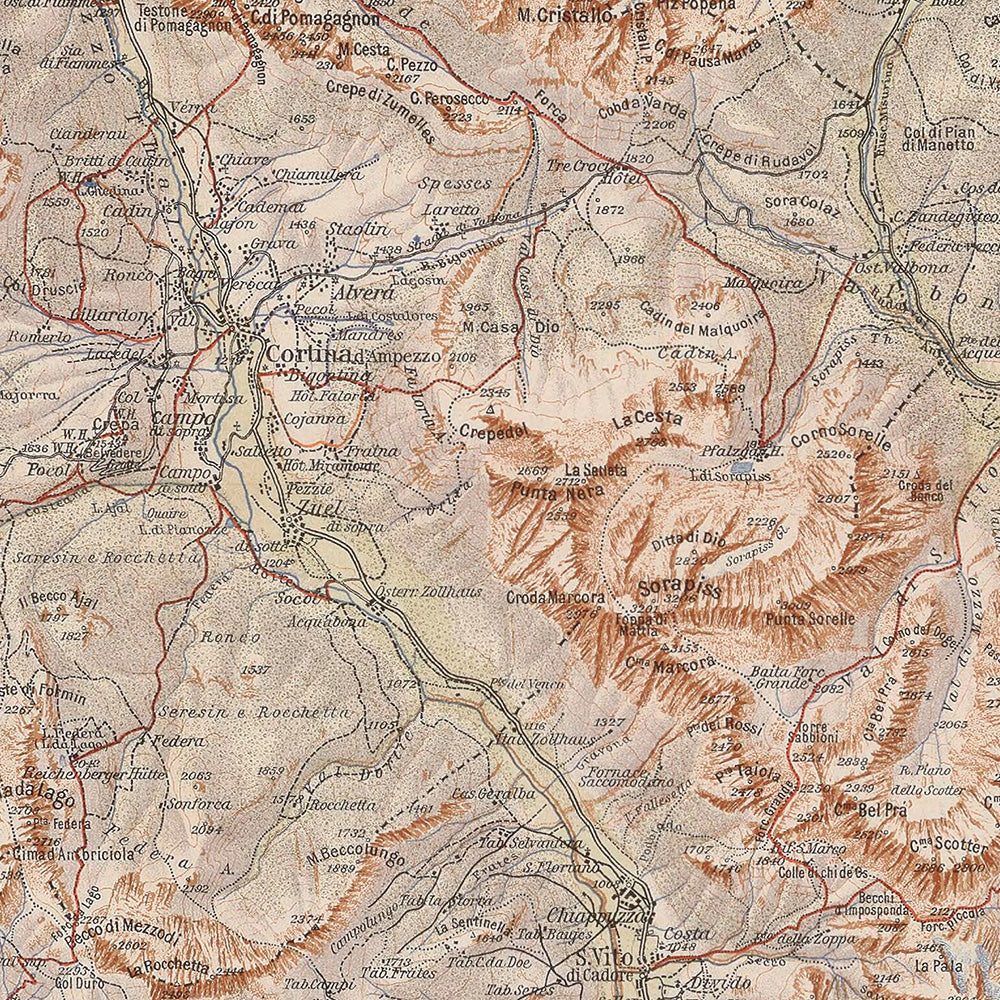 Old Topographic Map of Dolomites Hiking Trails by Freytag, 1920: Corti ...