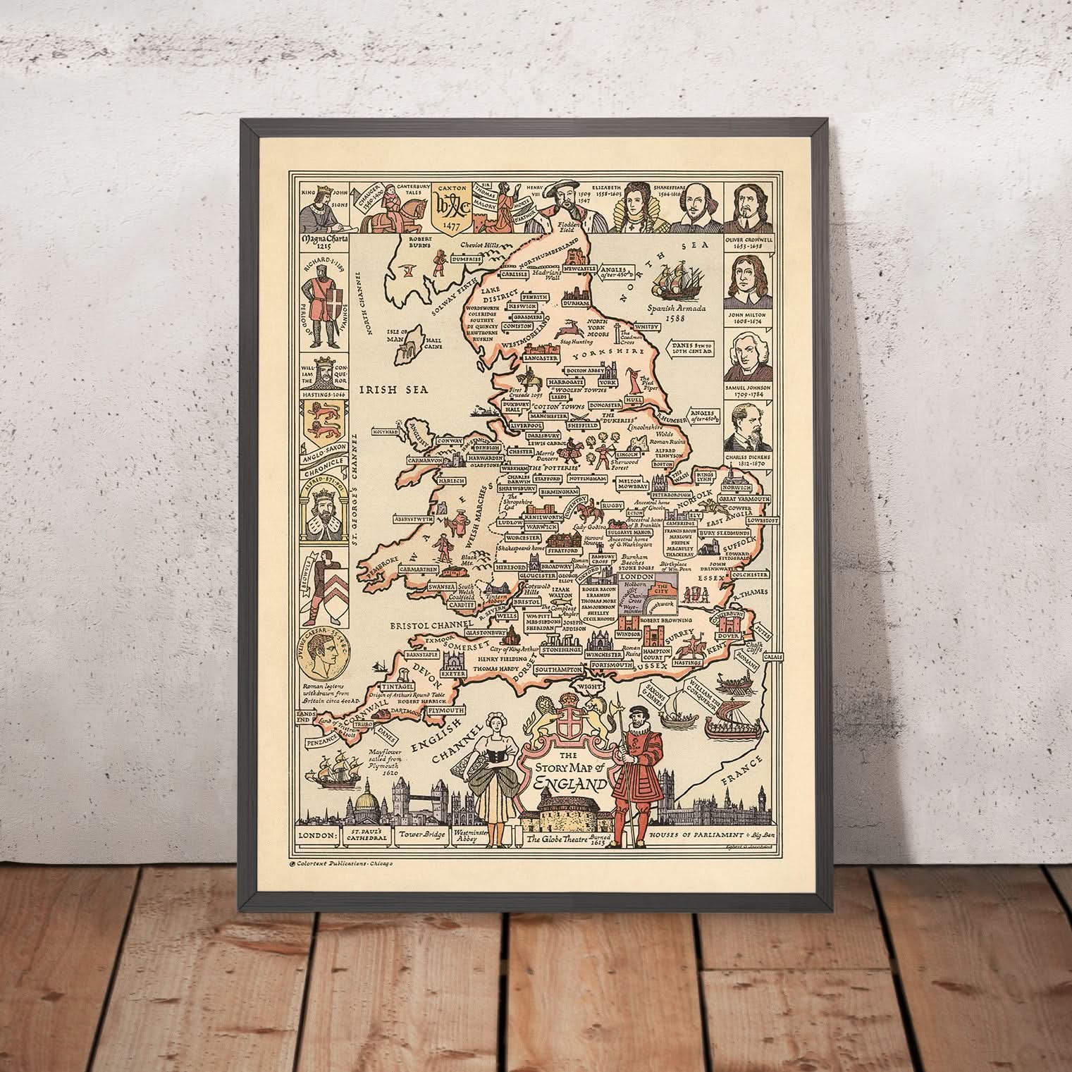 Old Historical Map of England, 1936: Stonehenge, Globe Theatre, Parlia ...