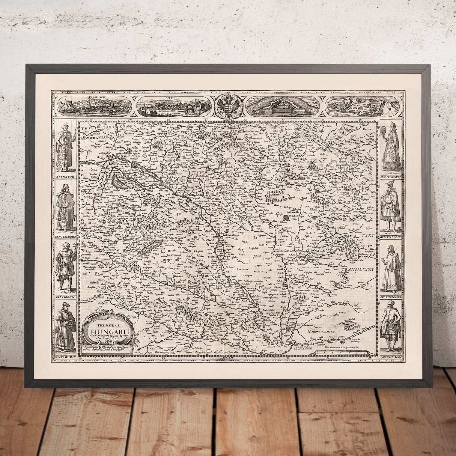 Old Monochrome Map of Hungary by Speed, 1626: Buda, Pest, Cluj, Mounta ...