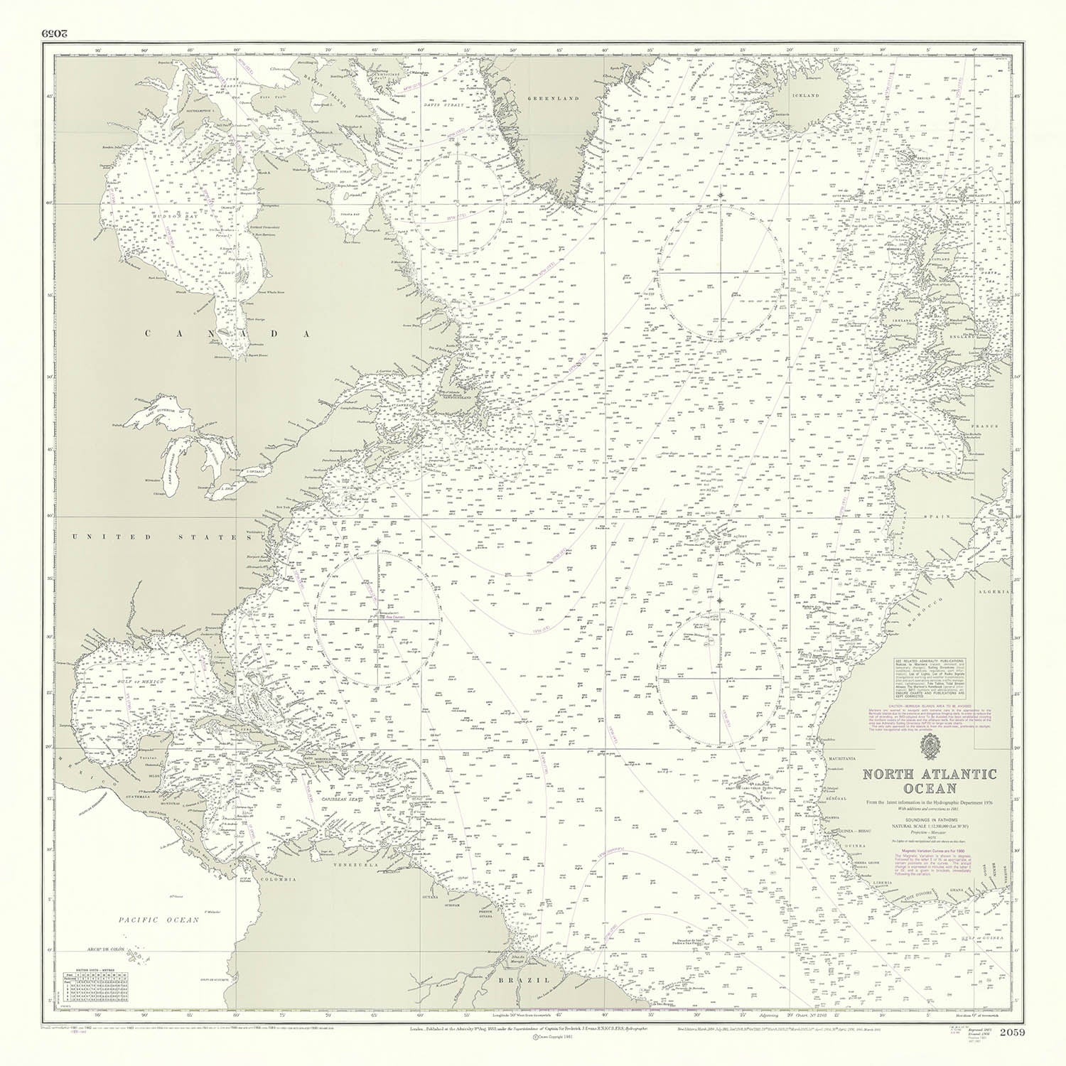 Old North Atlantic Ocean Nautical Chart, 1883: Fathoms; Lanes & Curren ...