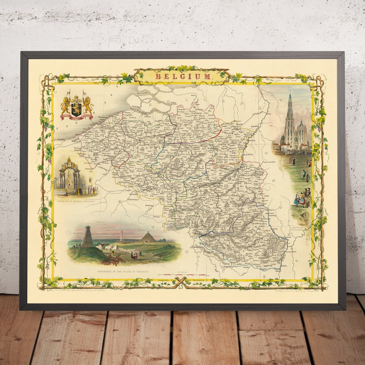 Old Map of Belgium by Tallis, 1851: Brussels, Antwerp, Ghent, Waterloo ...