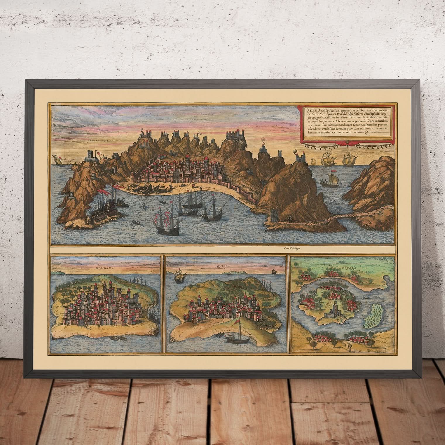 Old Pictorial Map of Aden by Braun & Hogenberg, 1572: Mombasa, Kilwa ...