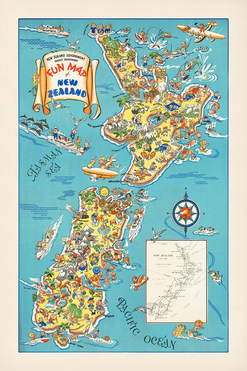 New Zealand Travel Poster: Fun Map by NZ Government Tourist Department ...