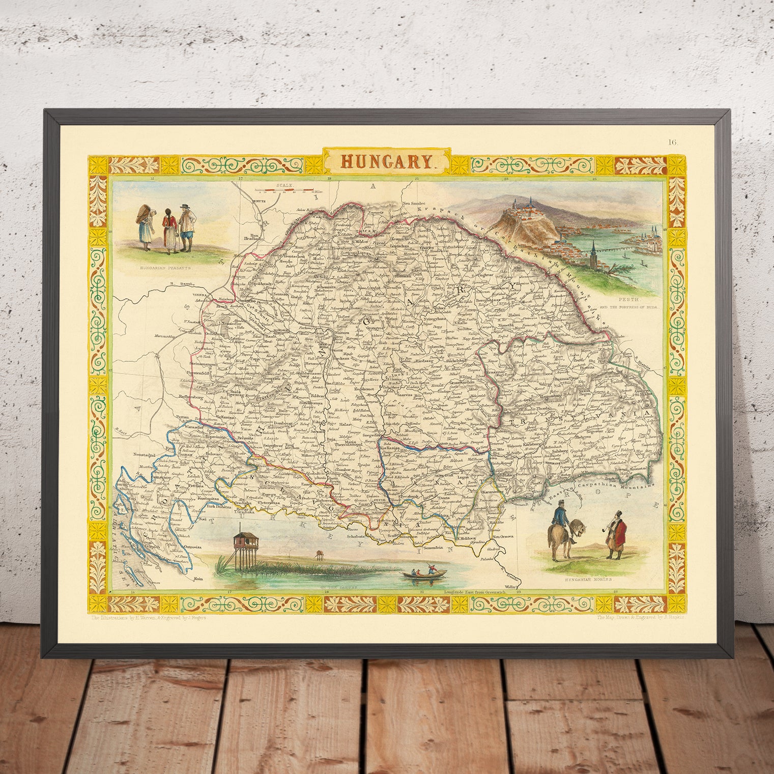 Old Map of Hungary by Tallis, 1851: Budapest, Danube, Carpathians, Nob ...