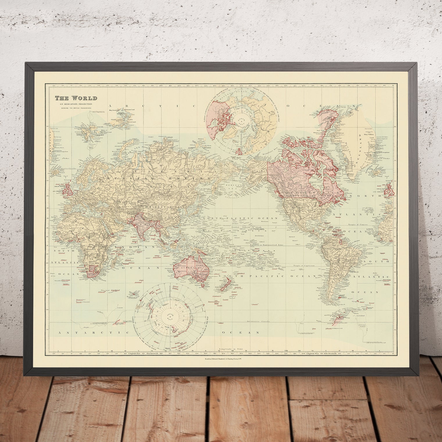Old Mercator World Map of the British Empire by Stanford, 1894: Centre ...