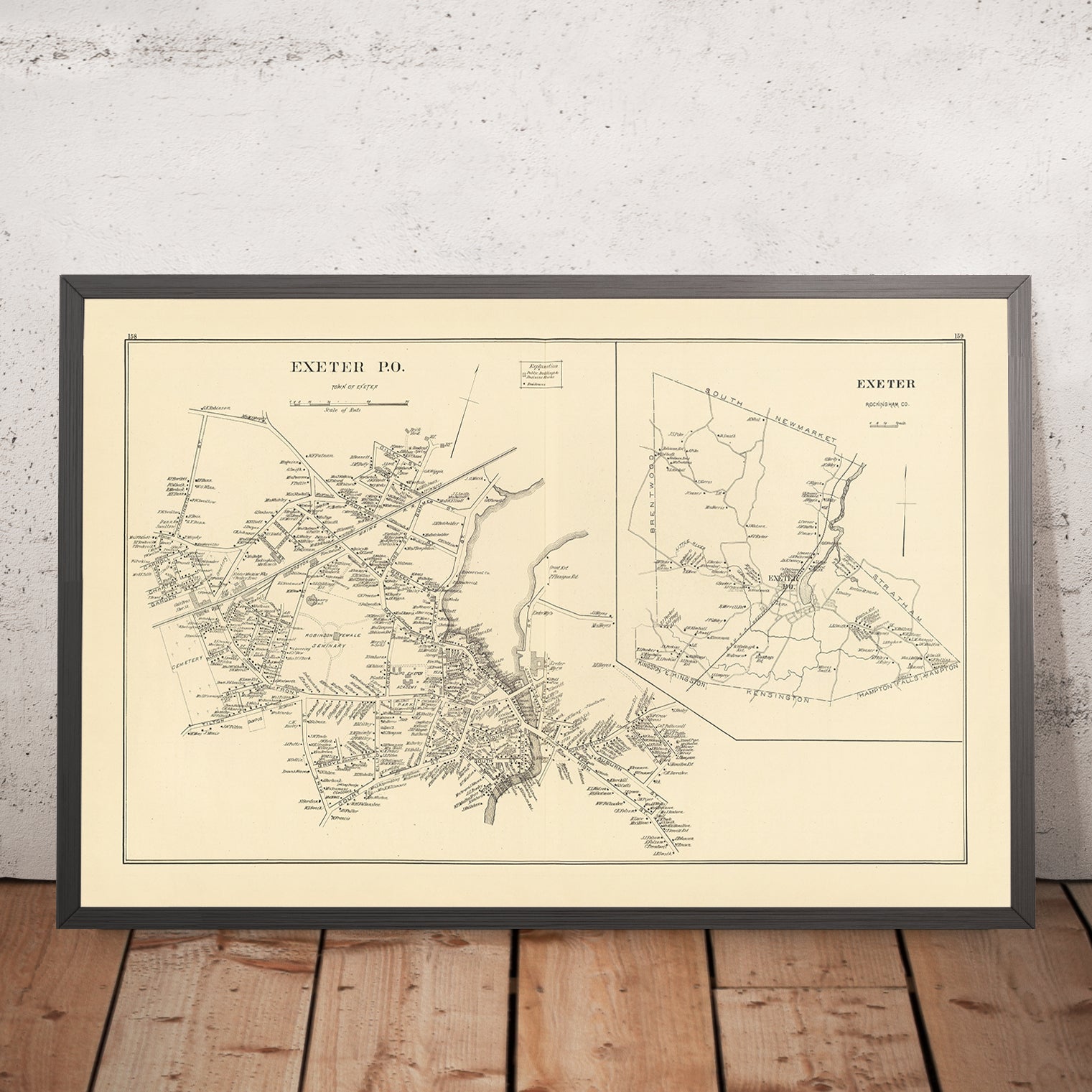 Old Street Map of Exeter, NH, 1892: Town Hall, RR Depot, Main St, ceme ...