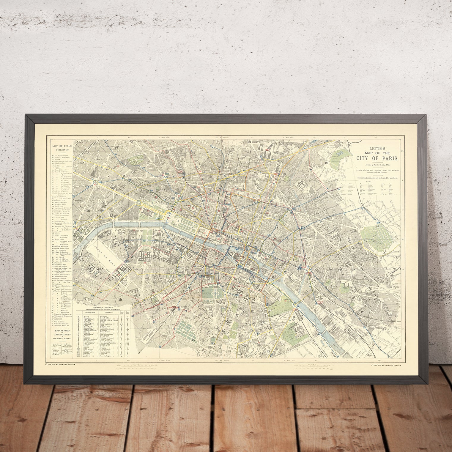 Old Omnibus Map of Paris by Letts, 1892: Seine, Louvre & Tuileries, No ...