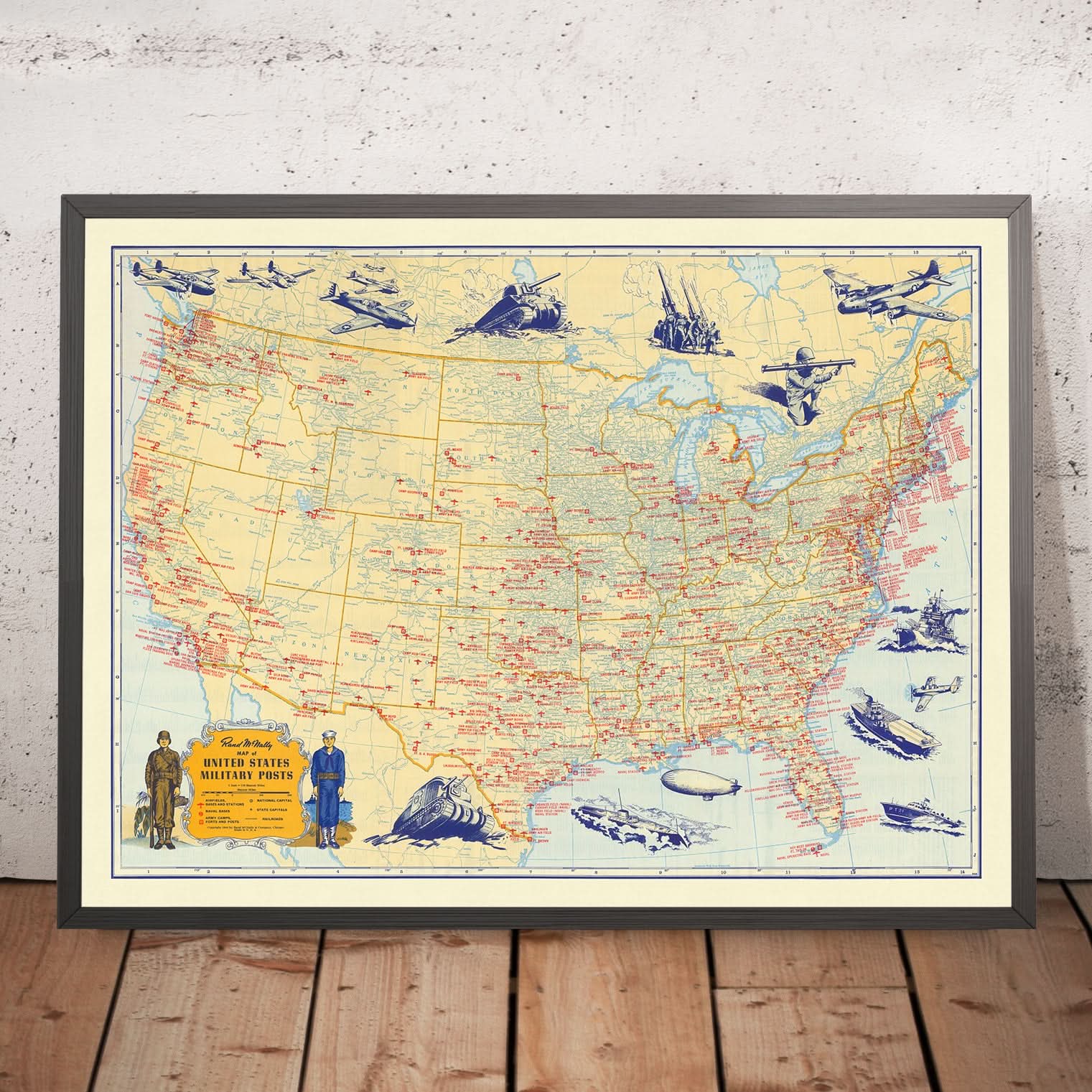 Old Military Map of United States by Rand McNally, 1944: WW2, Airfield ...