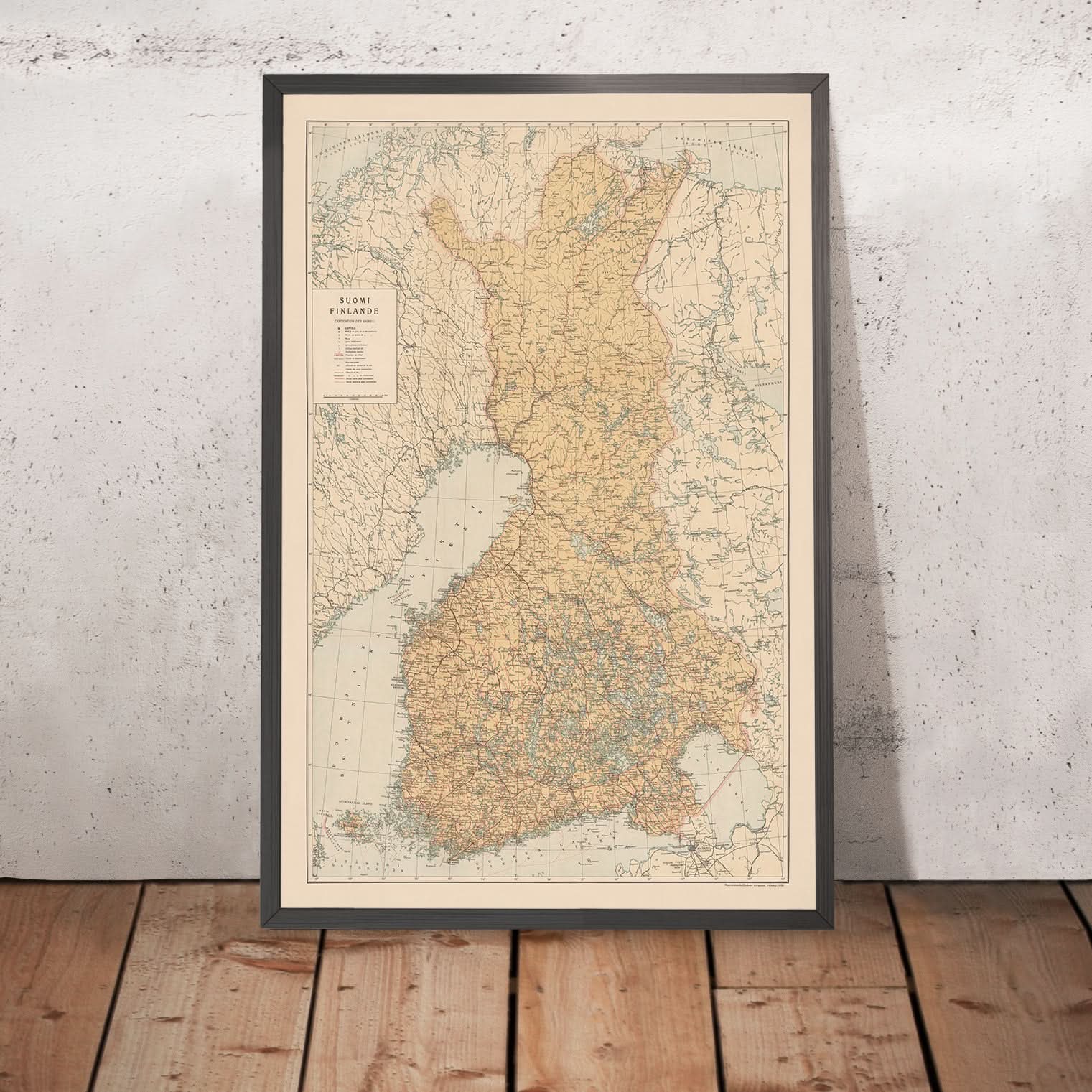 Old Map of Finland (Suomi), 1930: Helsinki, Tampere, Gulf of Bothnia ...