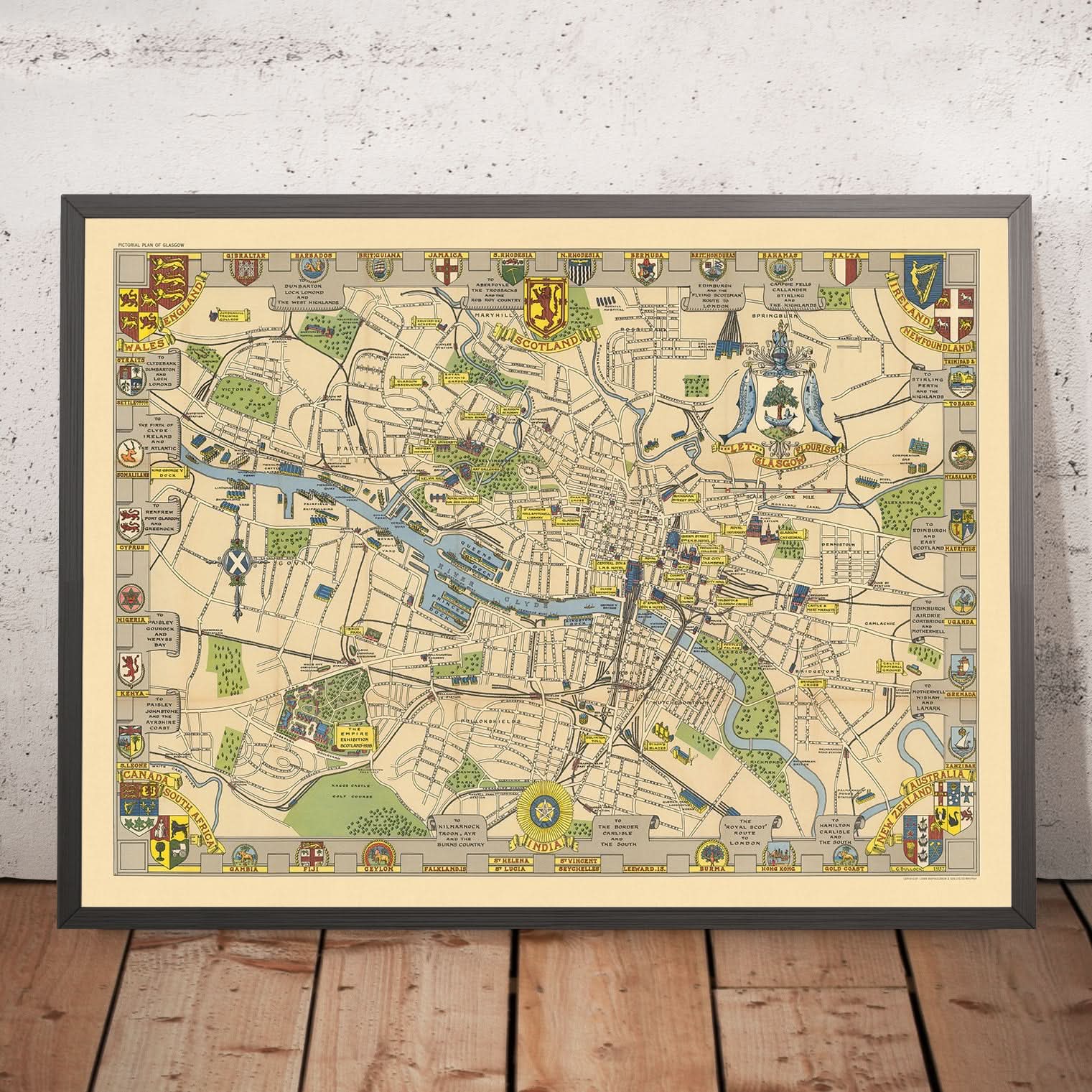 Old Historical Map of Glasgow by Bullock, 1938: Cathedral, University ...